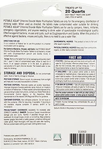 Potable Aqua Chlorine Dioxide Water Purification Tablets - 20 Count