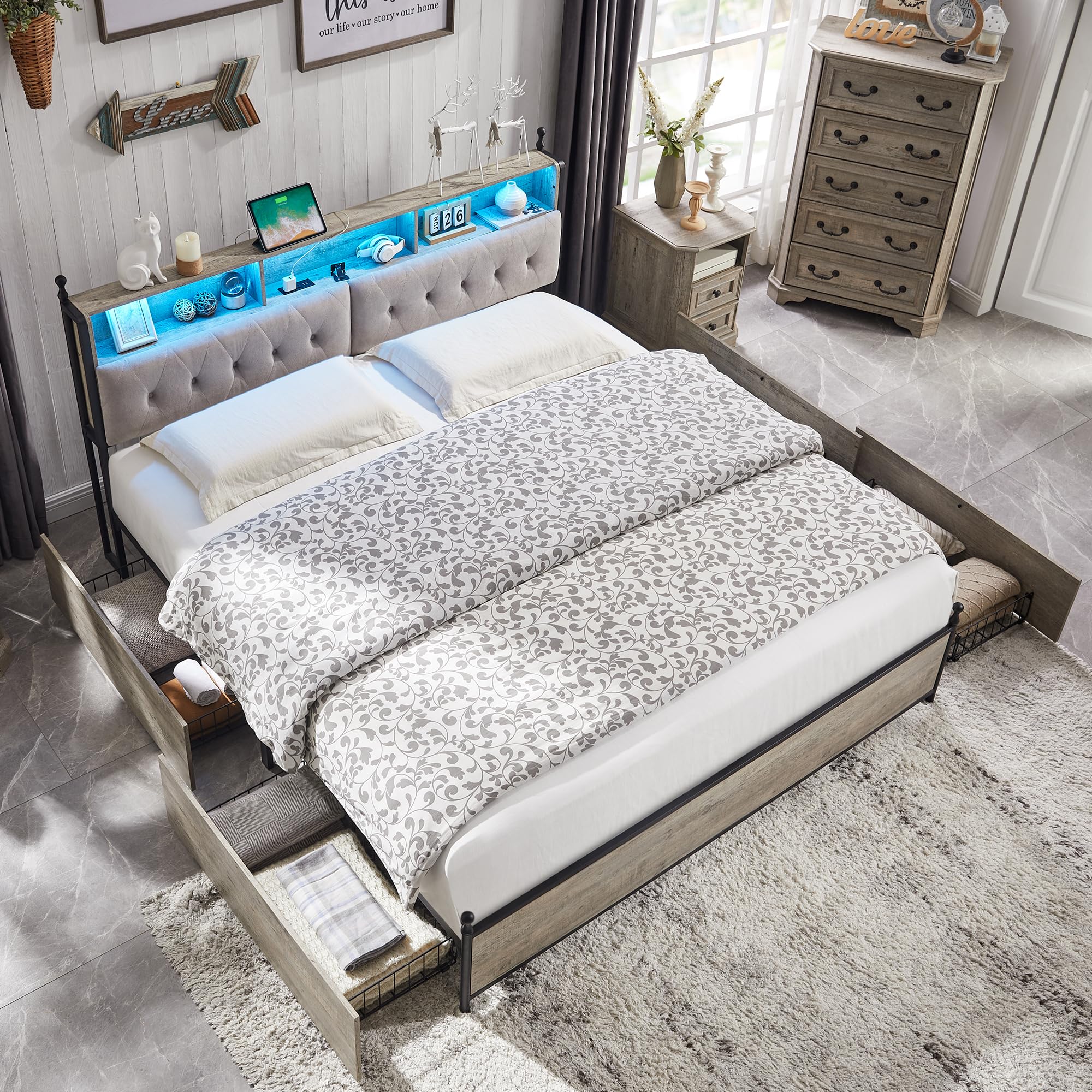 T4TREAM King Bed Frame with Storage Upholstered Headboard and 4 Drawers, Farmhouse Metal Platform Bed w/LED Lights & Charging Station, Stable & Easy Assembly, No Box Spring Needed, Dark Rustic Oak
