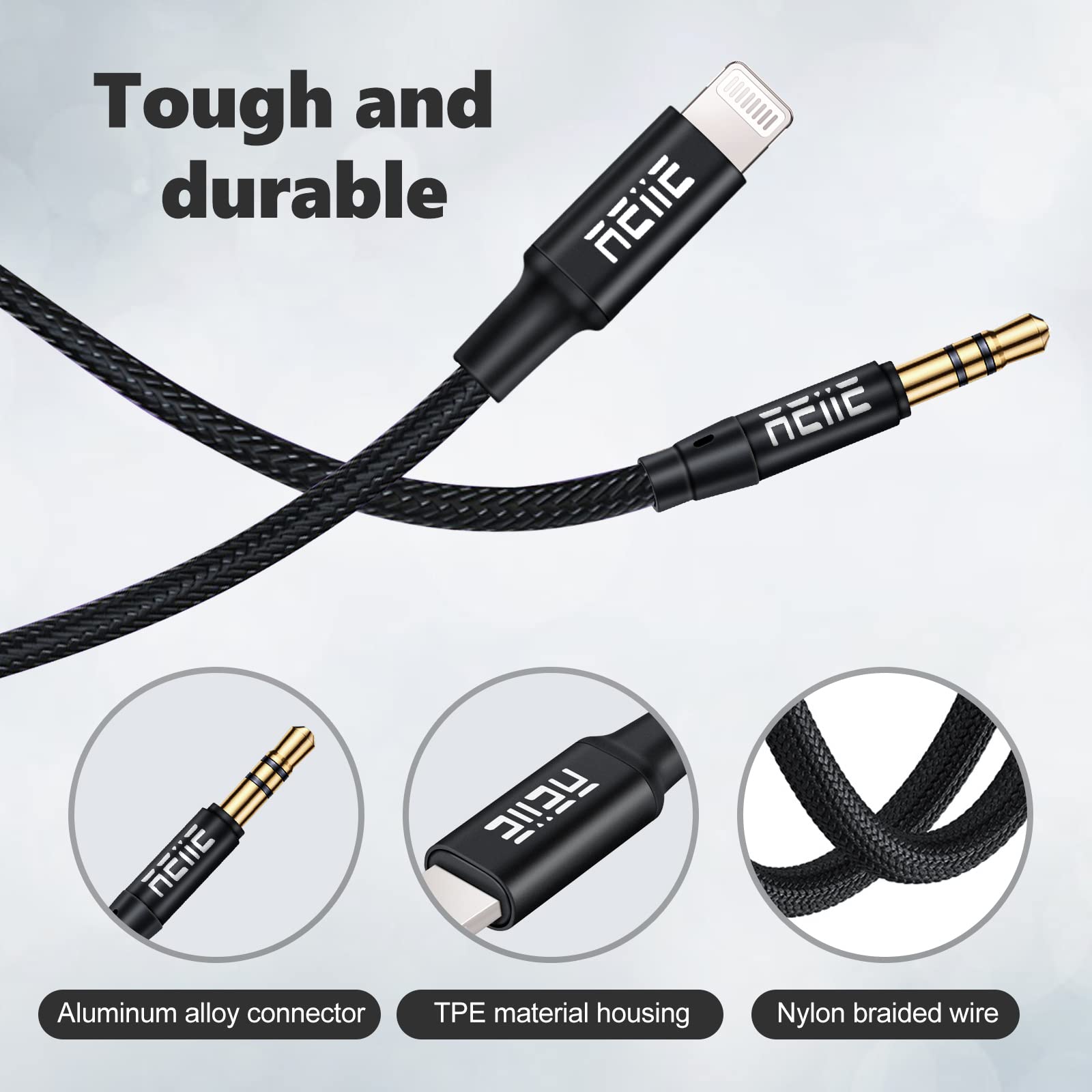 reiie 【Apple MFi Certified】 3.9FT Aux Cord for iPhone, Lightning to 3.5mm Audio Cable for Car Stereo,Speaker,Headphone Compatible with iPhone12/11 Pro Max,/X/XS/XR/8/7/iPad