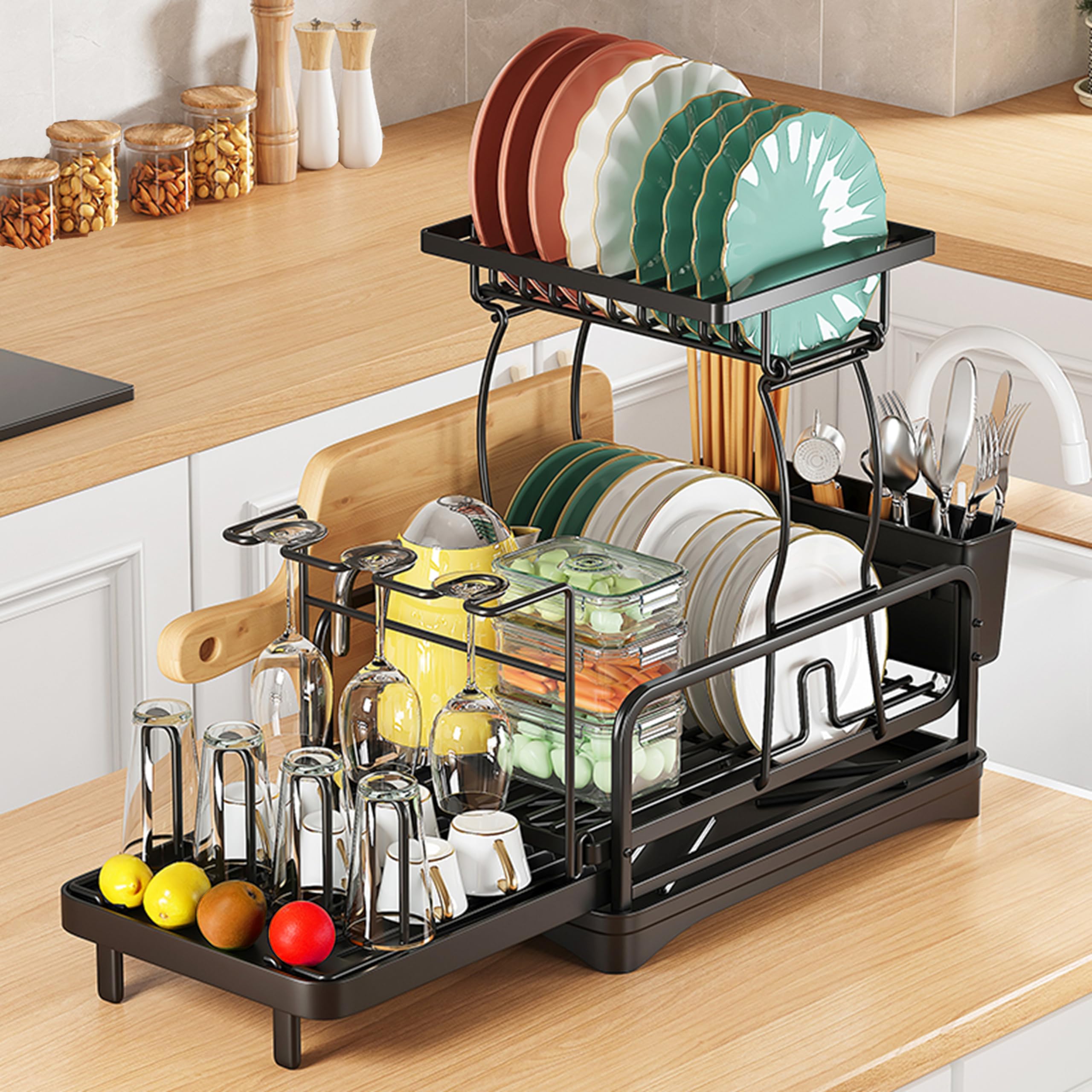 PEXOMEDO Large Expandable Dish Drying Rack,2 Tier Dish Racks for Kitchen Counter, Rack with Drainboard & Utensil Holders, Dish Drainer with Knife, Fork & Cup Rack,Kitchen Organization