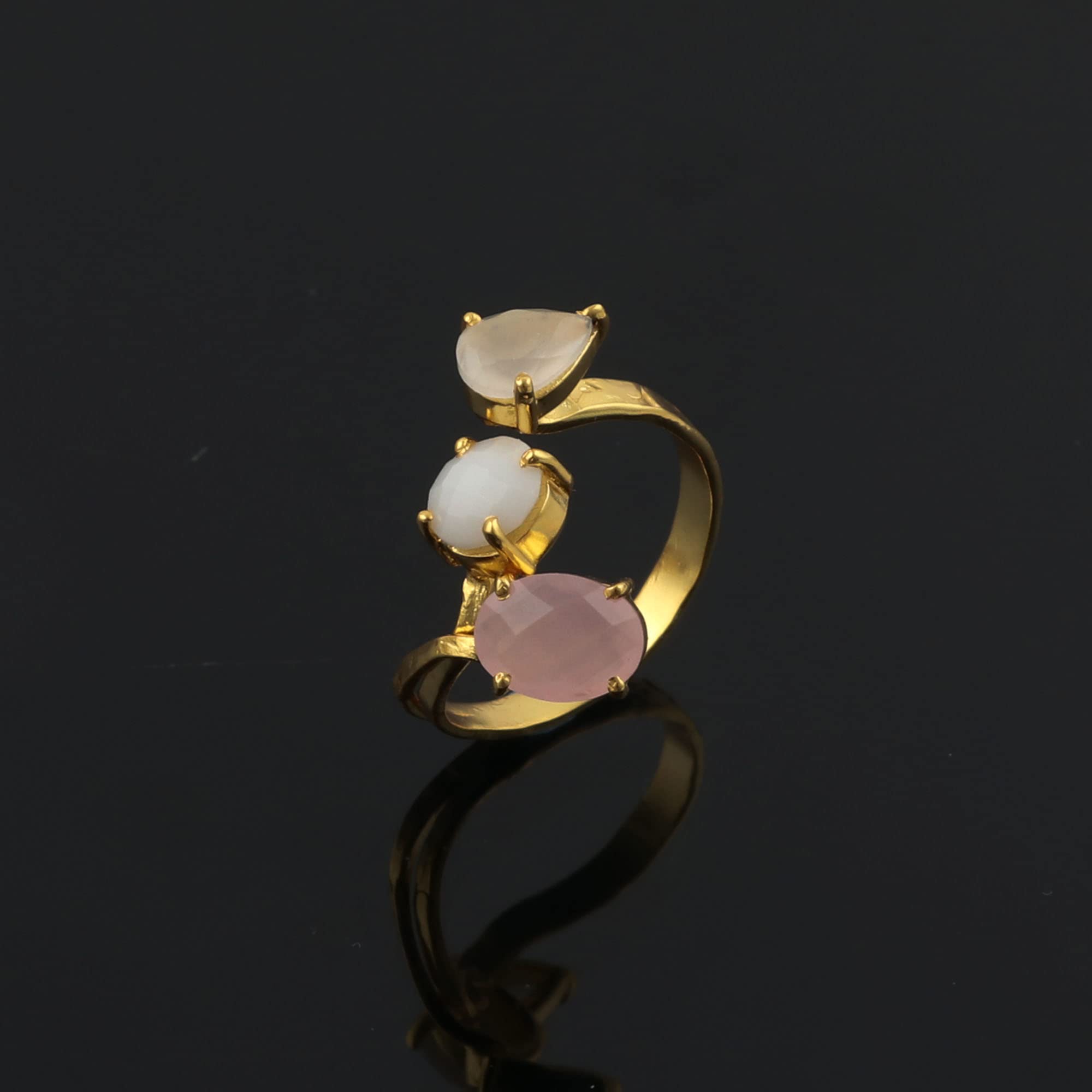 Handmade Moonstone & White Agate & Chalcedony Gemstone Adjustable Ring | Three Stone Brass Gold Plated Wholesale Jewelry | Prong Sett Pear & Round & Oval Shape Women Ring | 1834)4F