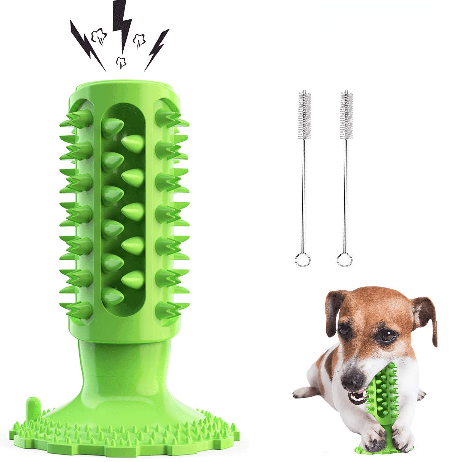 Zozostore Dog Toothbrush Squeaky Chew Toys – 2020 Upgraded Sonic Puppy Teeth Cleaning Stick - Natural Rubber Dental Care Toothbrush, with 2PCS Straw Cleaning Brush.