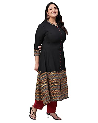 Yash Gallery Women's Rayon & Cotton Cambric Zig-Zag Print A-Line Kurta (XXL, Black.)