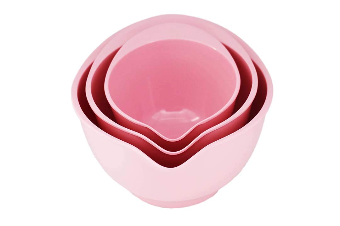 M&B GWPP Melamine Plastic Round Salad Bowl with Pouring Spout & Anti-Slip Bottom, Set of 3 assorted sizes Mixing Bowls for indoor Restaurant or Outdor Picnic and Camping. (Pink)