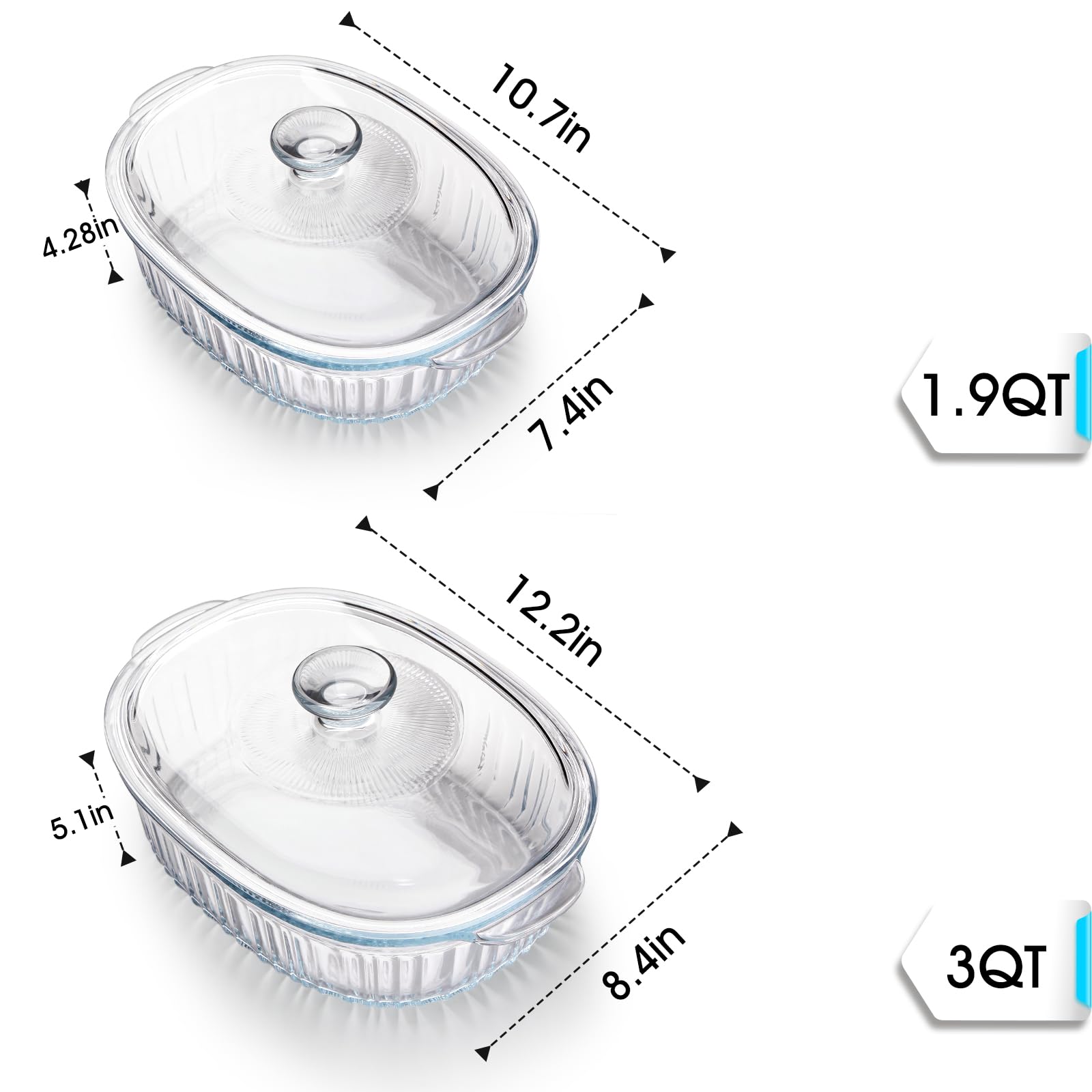 NUTRIUPS 4-pieces Oval Glass Casserole Dish with Lid, Set of 2（1.9 QT+3 QT) Borosilicate Glass, Oval Casserole Dish for Oven