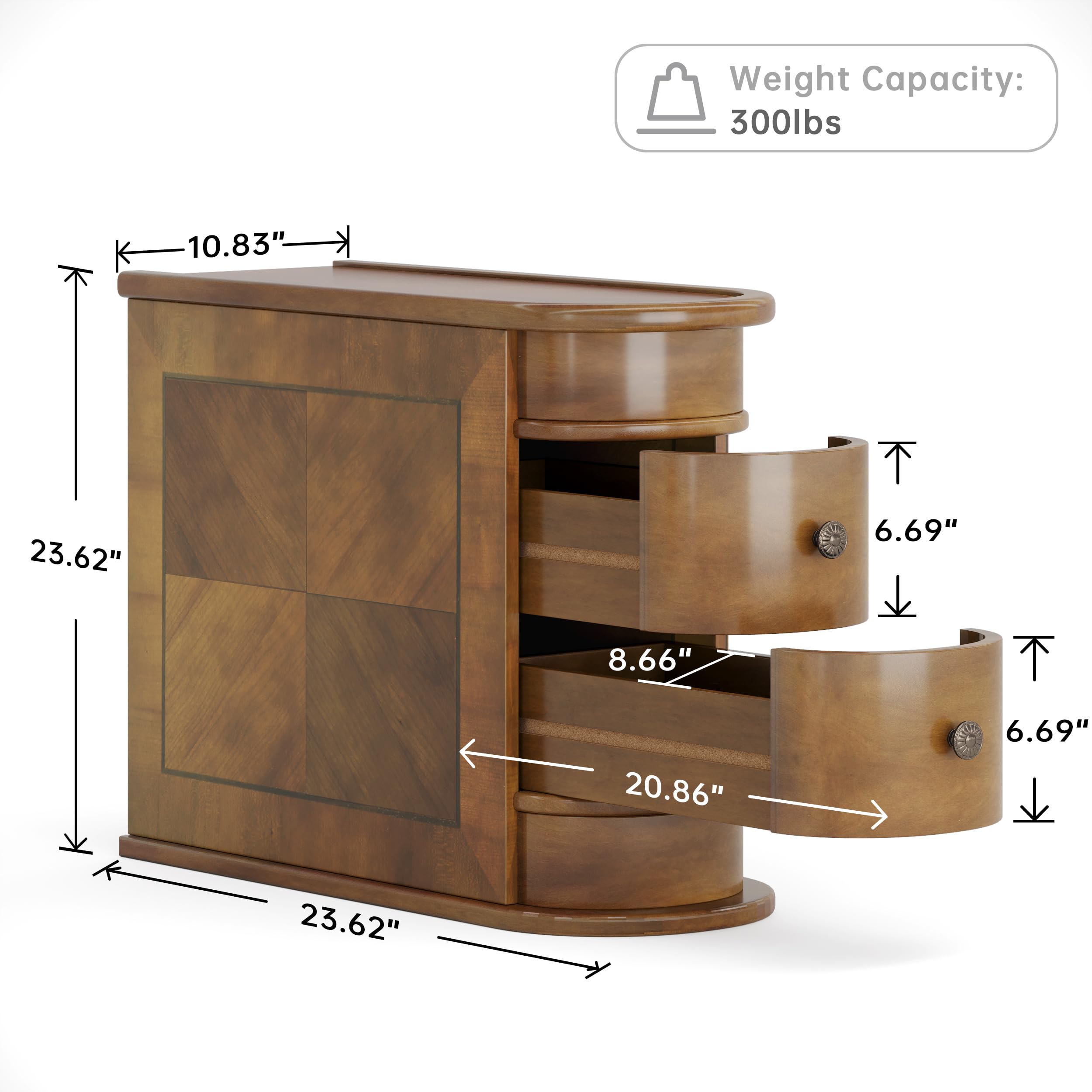 Wood End Table with 2 Drawers, No Assembly Required Narrow Sofa Side Table for Living Room, Vintage Slim Nightstand Bedside Table for Bedroom, Finished Back (2 Drawers, Brown, 1Pc)