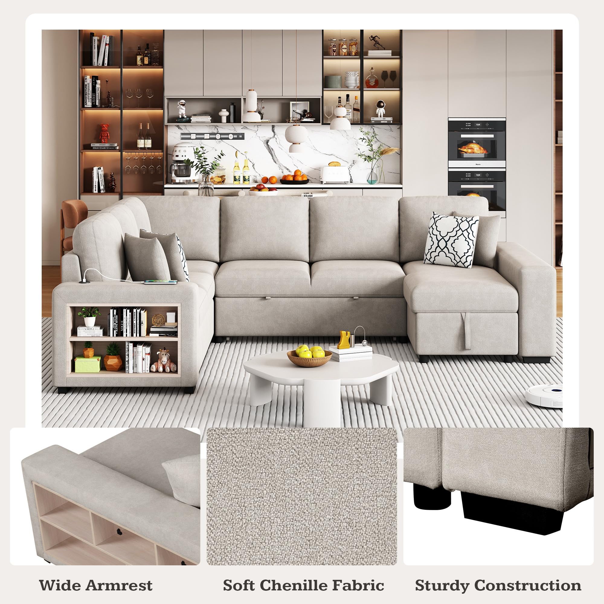 Taiweny U Shaped Oversized Sectional Sofa Couch with Cabinet, 109" 7 Seat Sectional Sleeper Sofa Bed with Storage Chaise & USB, Modular Sectional Sleeper Sofa with Pull Out Bed for Living Room Beige