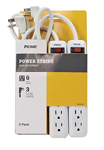 Prime Wire & Cable PB8100X2 6-Outlet Power Strip with Right Angle Plug and 14-3 SJT 3-Feet Cord, 2-Pack,White