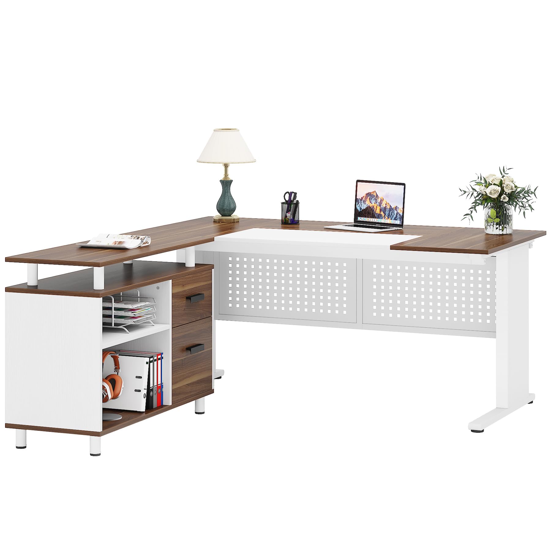 Tribesigns 63 Inch Executive Desk with File Cabinet, Large Office Desk L Shaped Computer Desk with Drawers and Storage Shelves, Business Furniture Desk Workstation for Home Office, White and Walnut