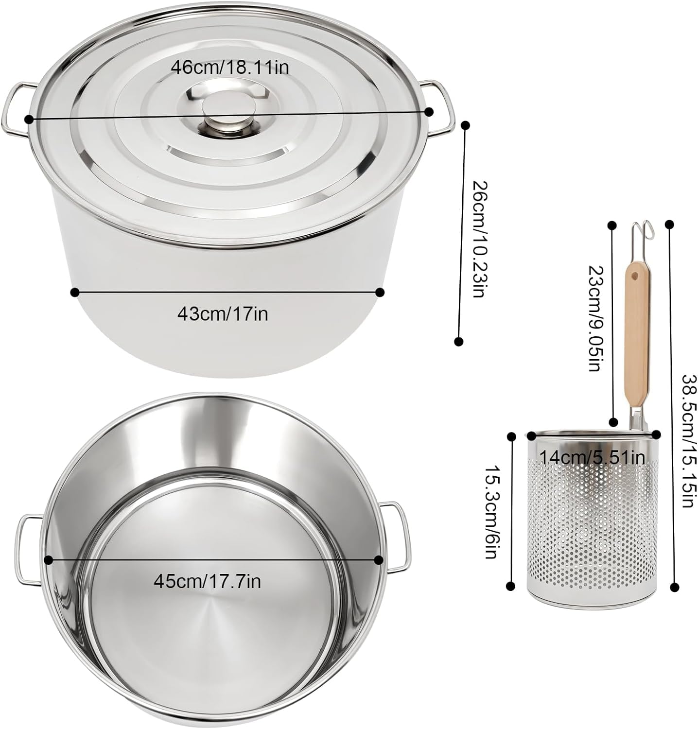 Pasta Cooker Insert Set 5 Holes 201 Stainless Steel Round Insert Strainer Basket Cookware, Compact Pasta Cooker Pot With Pasta Pot Stand & 5 Insert Strainer Baskets Lid for Restaurants,37L/39qt