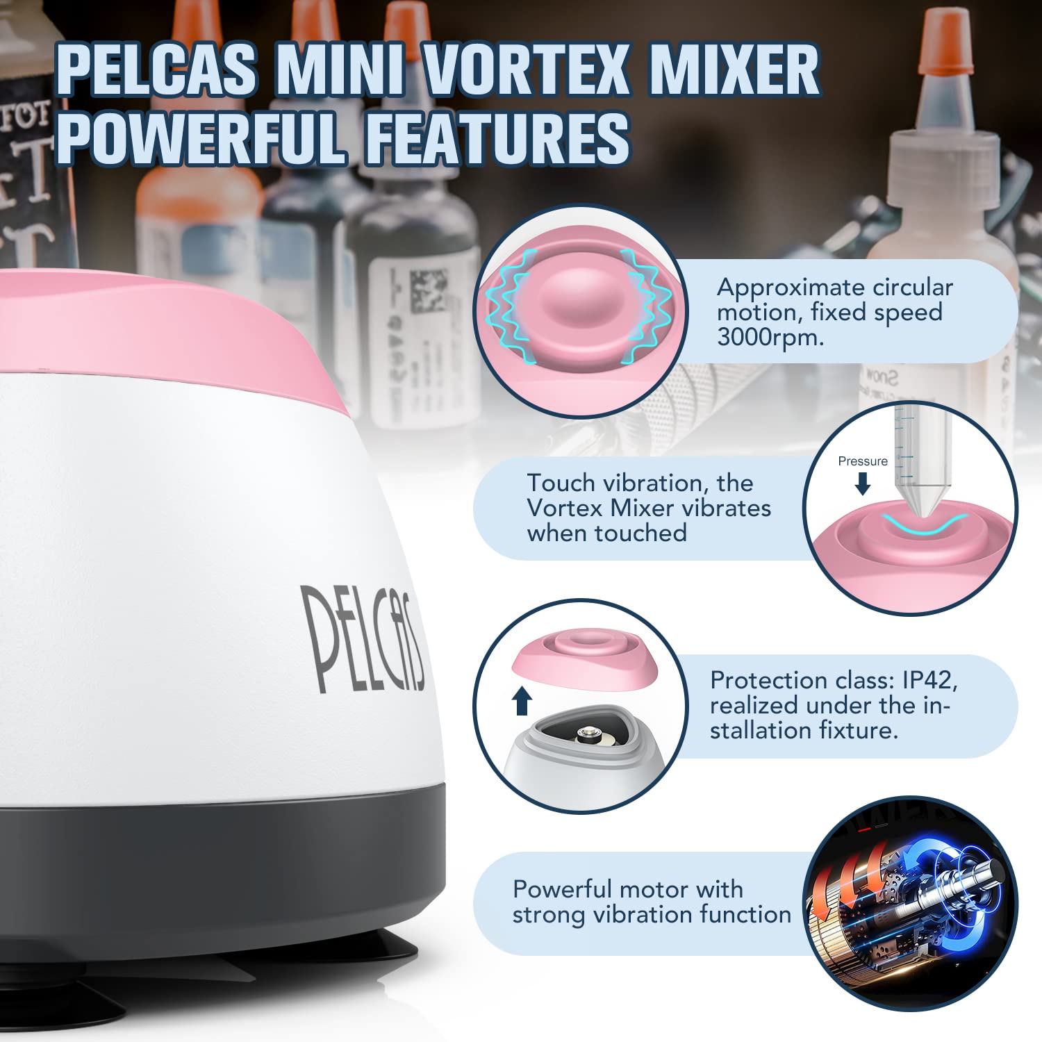 PELCAS Mini Vortex Mixer, 3000RPM Vortex Shaker with Touch Function, Ink, Nail Polish, Eyelash Glue, Acrylic Paints Mixing, Lab Vortex for Test Tubes and Centrifuge Tubes