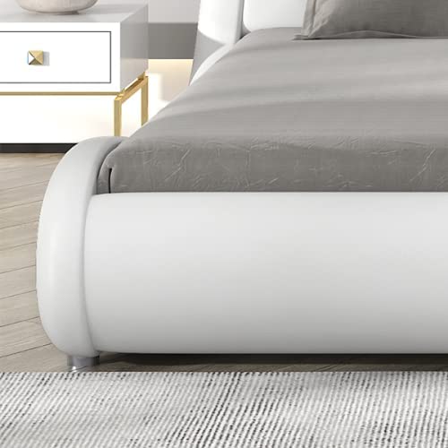 SHA CERLIN Full Size Bed Frame Luxury Wave-Like Modern Upholstered Low Profile Platform Bed, Faux Leather Sleigh Bed with Adjustable Headboard, No Box Spring Needed, White