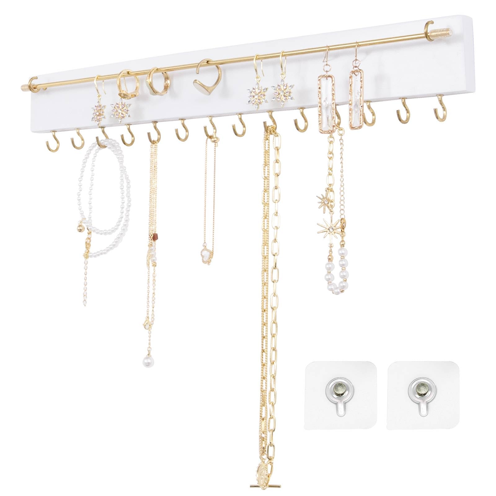 SCUNDA Wall Jewelry Holder Organizer, Adhesive Jewelry Organizer Wall Mount, Space-saving Jewelry Rack with 14 Hooks and Holder, Wooden Jewelry Shelf for Necklace, Earing, Ring, Bracelet(White)
