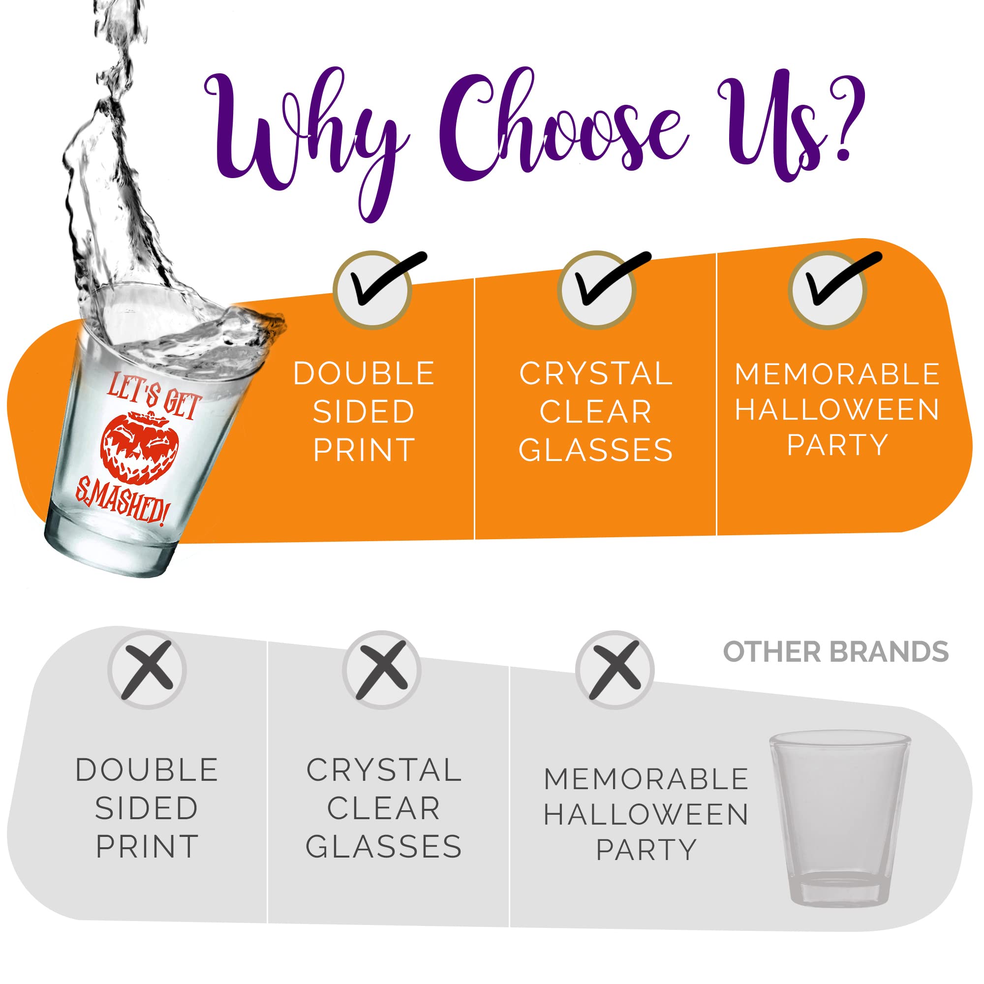 Let's Get Smashed Halloween Shot Glasses - Set of 12 Glass Decor Cups, Double Sided Print - Clear Decorative Drinking Glassware for Tequila, Vodka, Liquor Drinks - Barware for Themed Party (Orange)