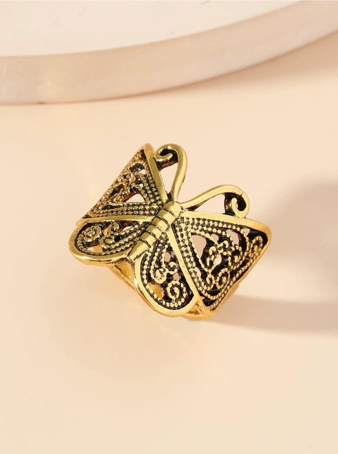 HUASAI Butterfly Ring for Women Statement Butterfly Ring for Girls Vintage Rhinestone Chunky Midi Ring(Gold)