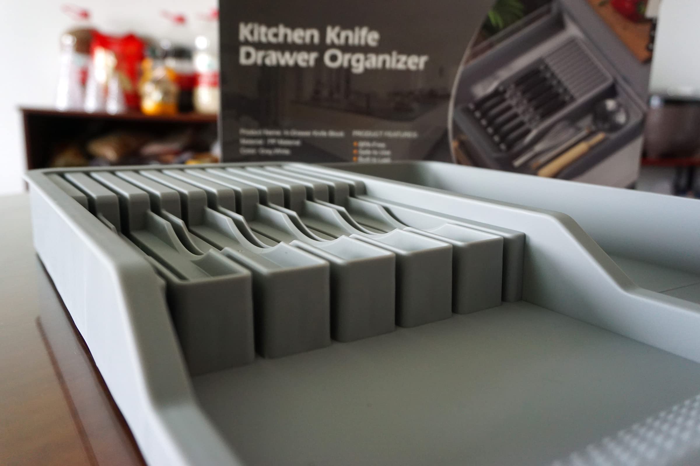 Mulikeer Knife Holder, In Drawer Knife Block Holder with Expandable Cutlery Tray Kitchen Drawer Organizer Insert-Holds 11 Knives for Save Space & Kitchen Safety (Drawer knife holder, Plastic)