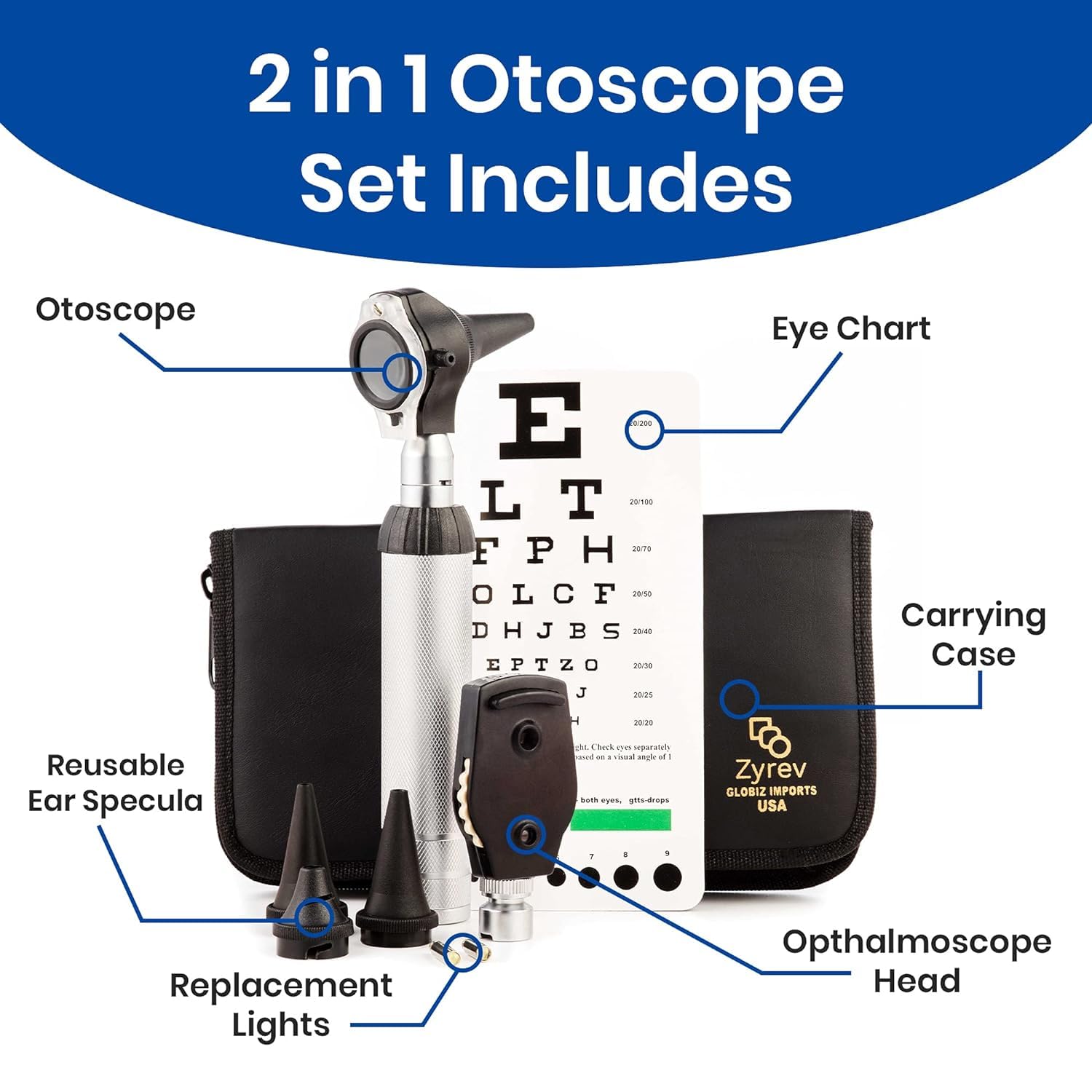 Zyrev 2 in 1 Otoscope Oph Set - Perfect for Nursing & Medical Students with Carry Case, Sight Chart & Replacement Ear Speculums