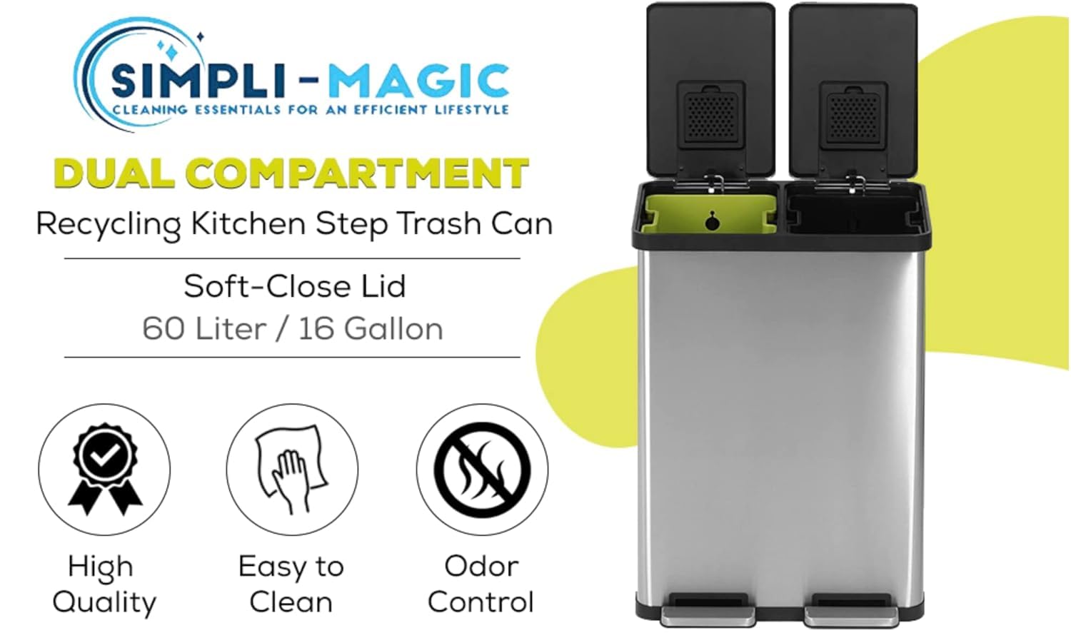 SIMPLI-MAGIC 60 Liter / 16 Gallon Rectangular Hands-Free Dual Compartment Recycling Kitchen Step Trash Can with Soft-Close Lid, Brushed Stainless Steel