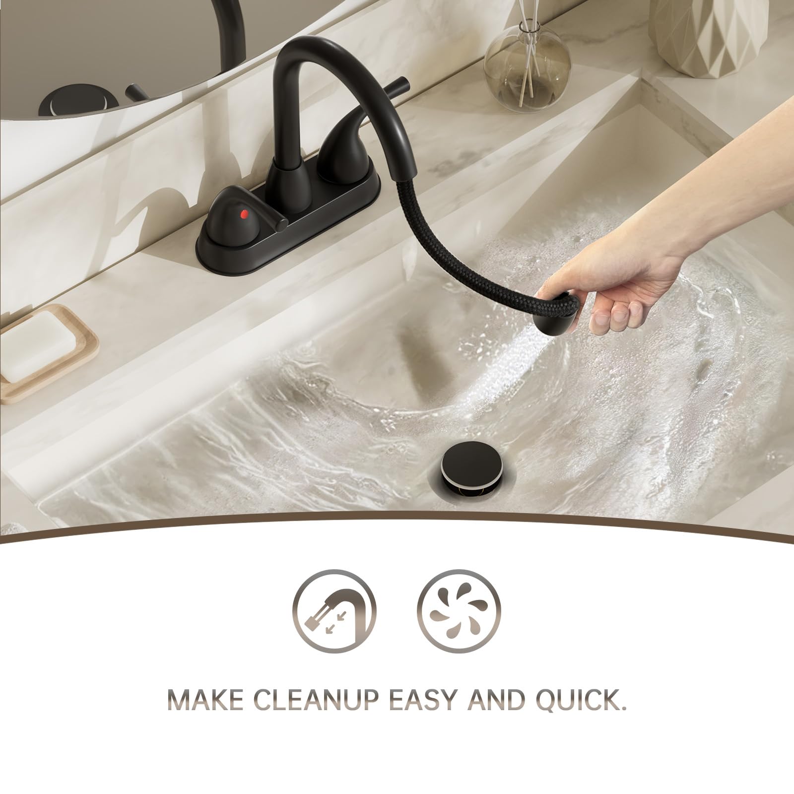 Phiestina Pull Down Sprayer Matte Black Bathroom Faucet,4 Inch Centerset 2 Handle Pull Out Bathroom Sink Faucet with 360 Swivel Spout,Metal Pop-Up Drain and Water Supply Lines,BF04007-B11-MB
