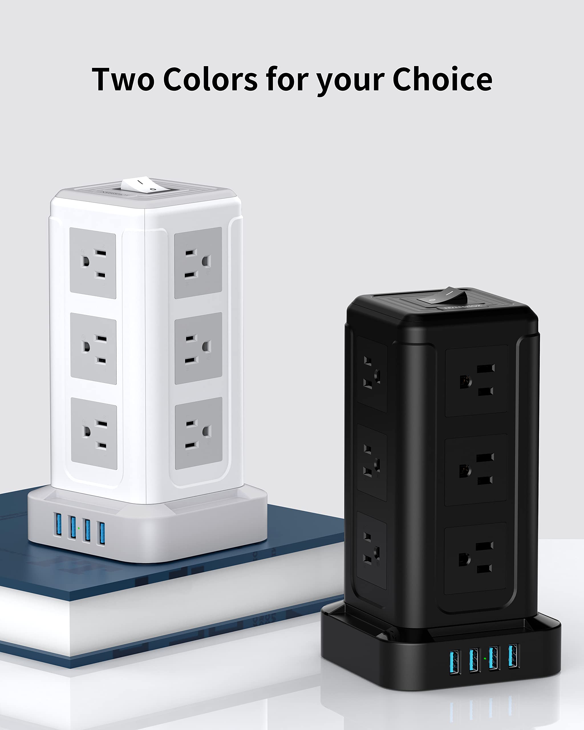 NVEESHOX Power Strip Surge Protector Tower with 12 Outlets 4 USB Ports, 10ft Long Extension Cord Multiple Outlets Charging Tower with Surge Protection, Overload Protection Fire Proof for Home Office