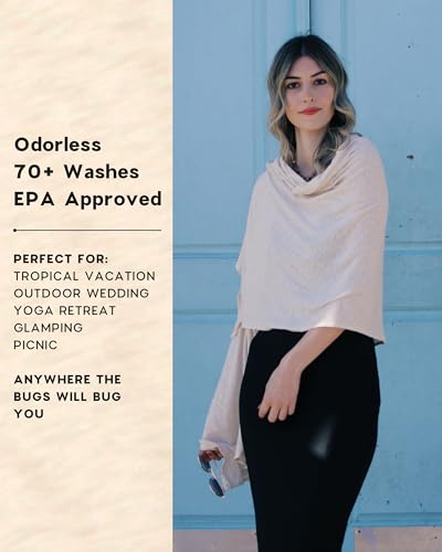 Pang Wangle Exquisite Wrap or Shawl in Soft Recycled Cotton | Can be used as a Scarf around the Shoulders or Head | Enhanced with Insect Shield Bug Repellent for Stylish Comfort, Sandshell