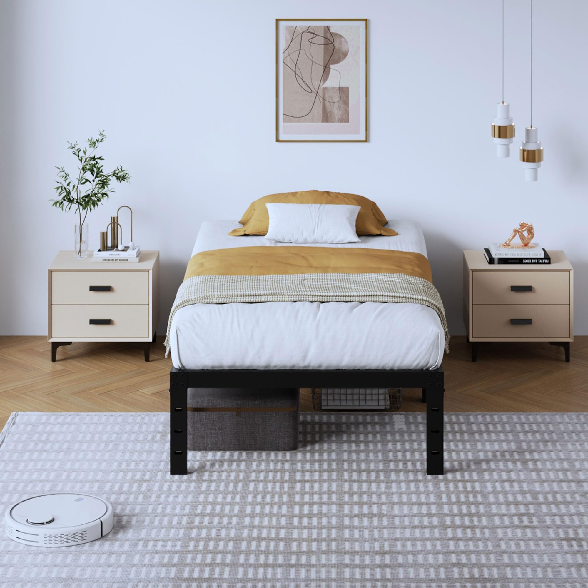 SHOANED Twin Metal Bed Frame - 14 Inch Tall Heavy Duty Bedframe Black Basic Steel Slats Platform No Box Spring Needed/Easy Assembly/Noise Free