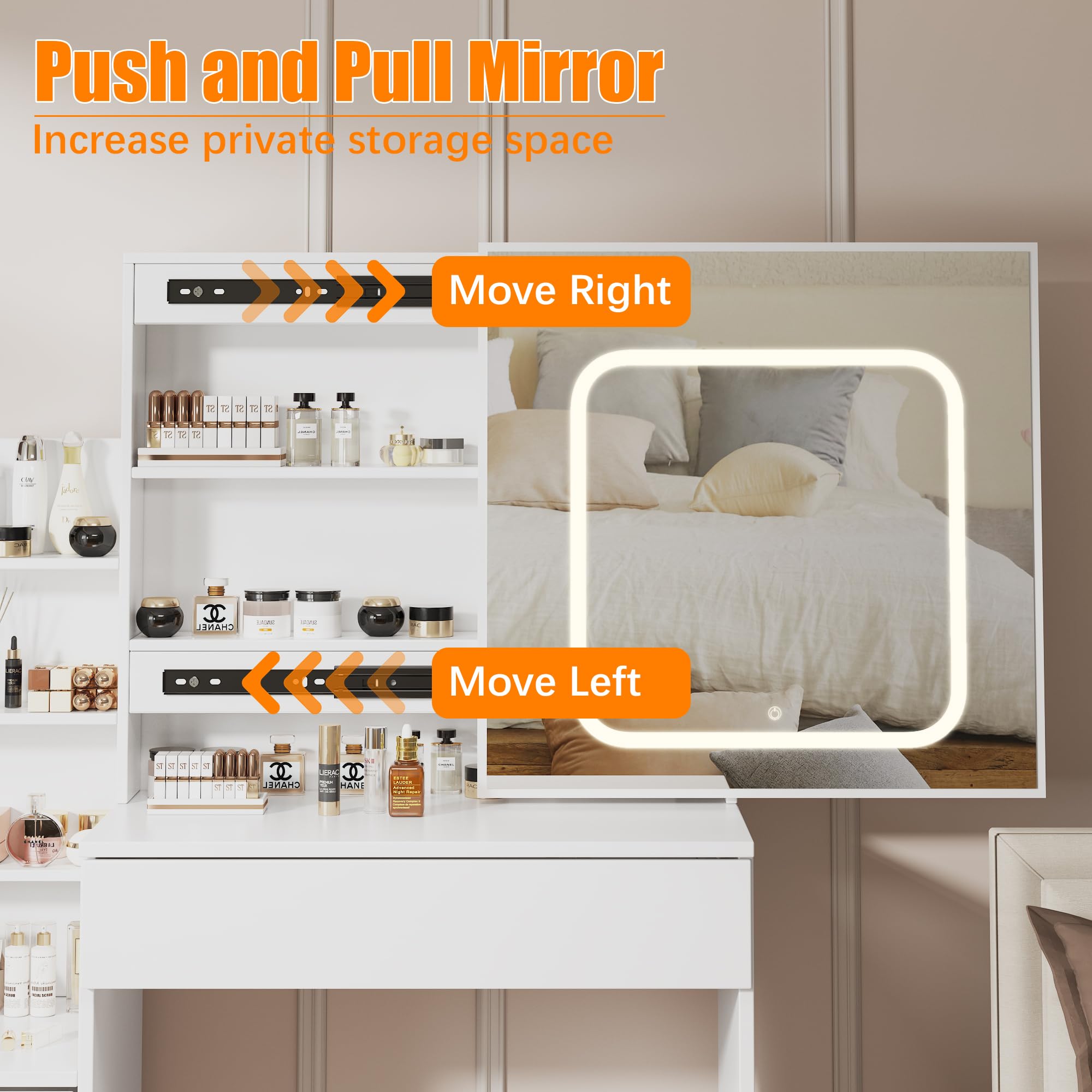 Vanity Desk with Sliding Mirror and Lights, Makeup Vanity Set with Power Outlet, 4 Drawers, Stool, Open Shelves, 3 Color Lighting Modes, Brightness Adjustable, Makeup Dressing Table for Bedroom, White
