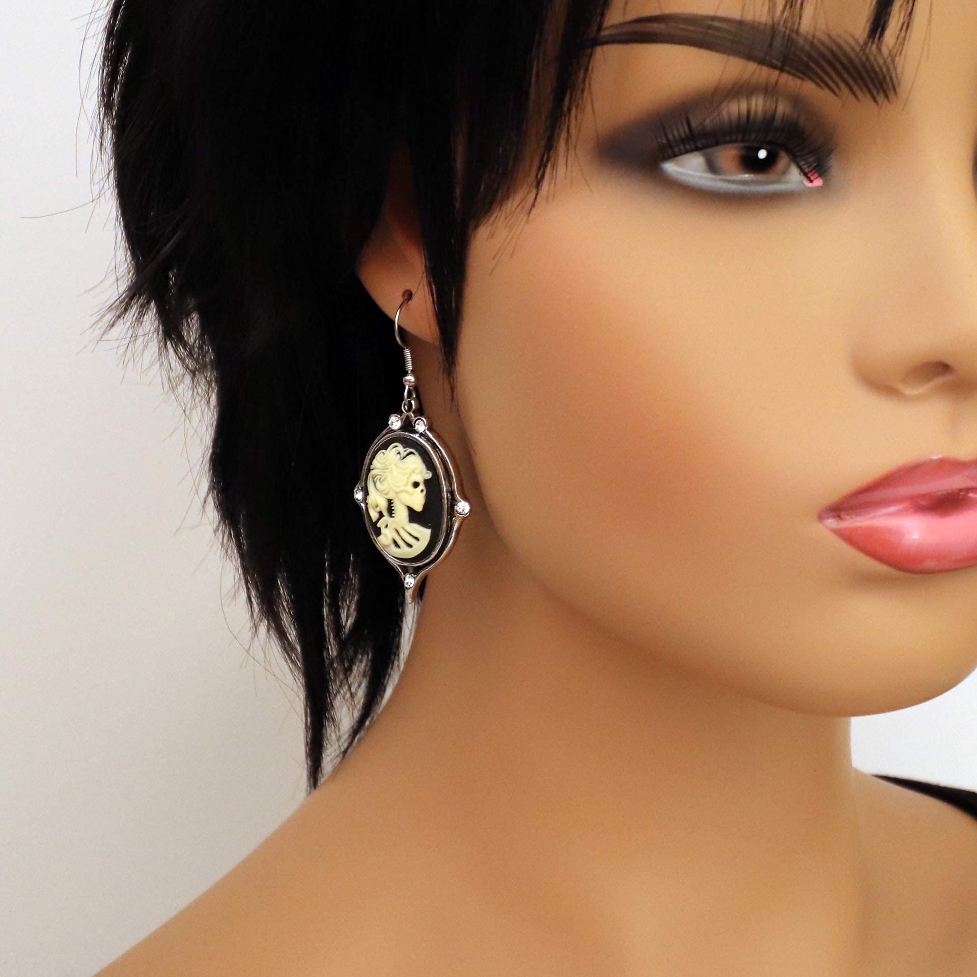 Gothic Lolita Skull Cameo Ivory on Black Dangle Earrings with Austrian Crystals