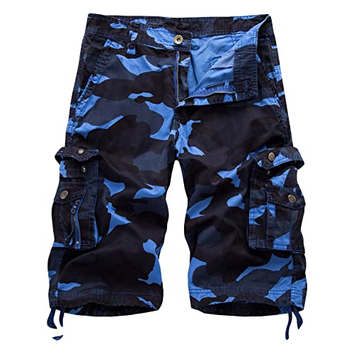 Men Relaxed Fit Camo Cargo Shorts Camouflage Multi Pockets Outdoor Short Pants Lightweight Loose Military Short (Blue,31)