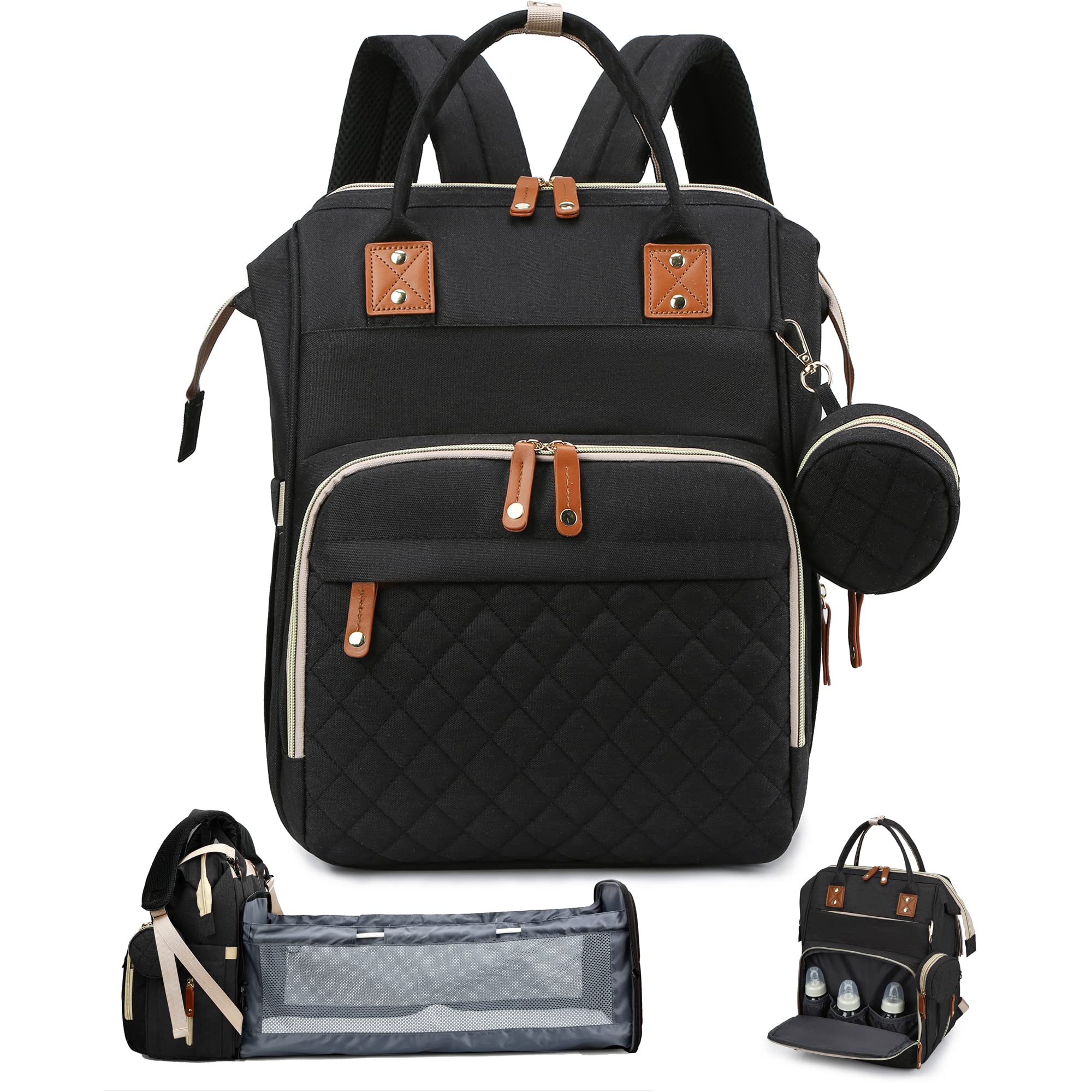 SALIFA Diaper Bag Backpack with Changing Station, 3 in 1 Baby Diaper Backpack with Foldable Changing Pad, Large Waterproof Travel Back Pack for Moms Dads, Black