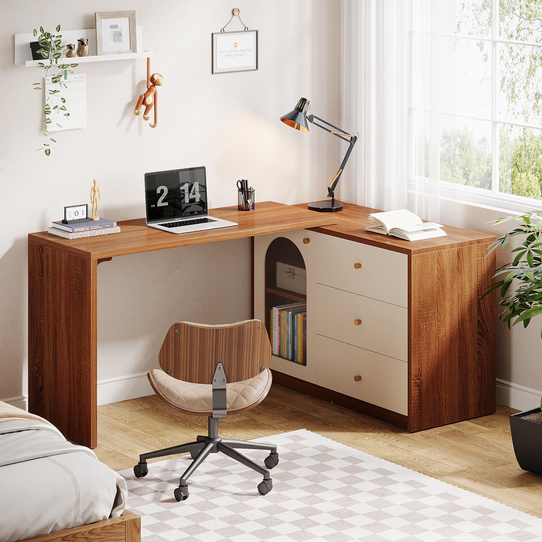 Tribesigns L Shaped Computer Desk with Drawers, Modern Corner Home Office Desk with Reversible Storage Cabinet, Long Study Writing Desk Workstation for Home Office, Black & White