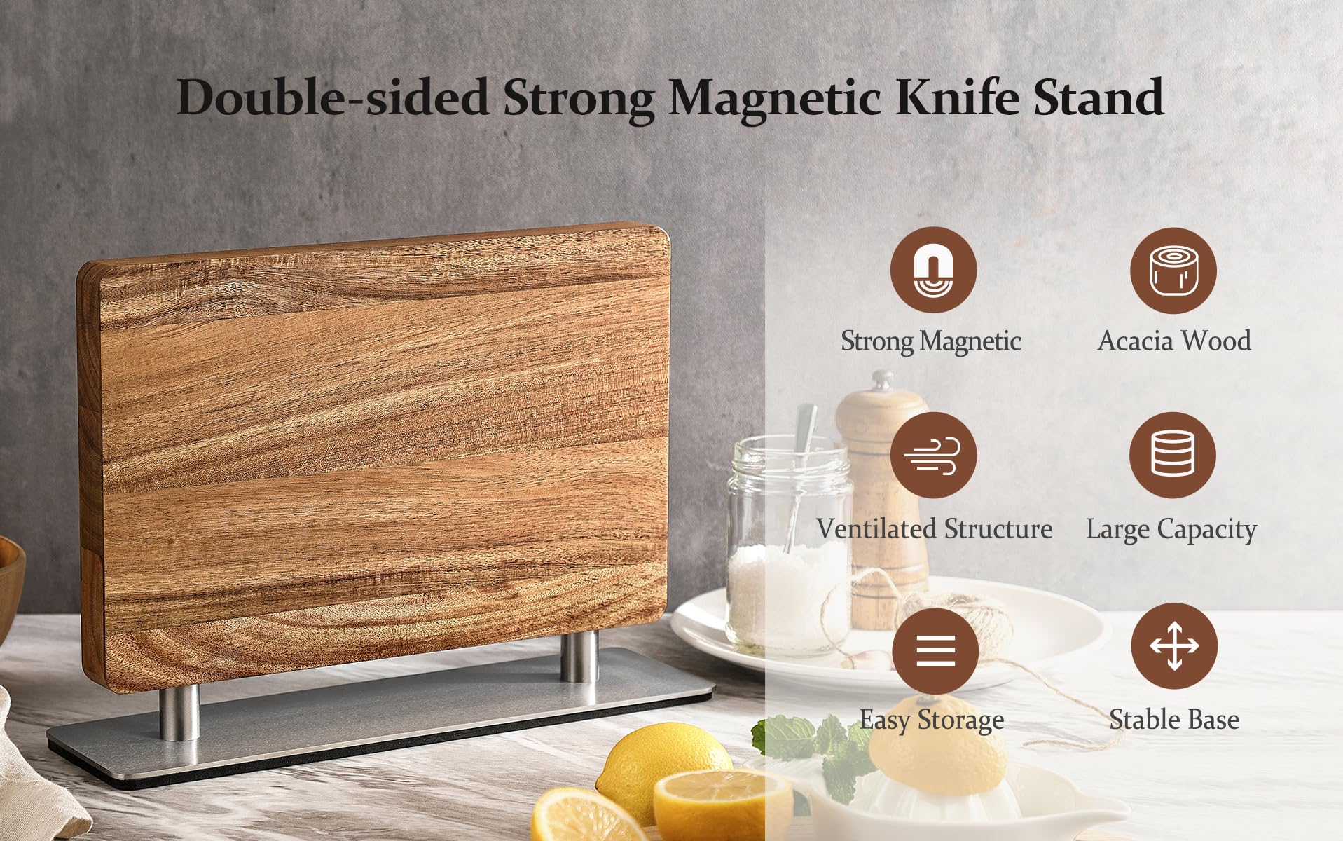 Strong Double Sided Magnetic Knife Block Without Knives, with Acacia Wood+430 Stainless Steel Base,Magnetic Universal Stands with Strong Enhanced Magnets Strip Kitchen Storage Cutlery Large Organizer