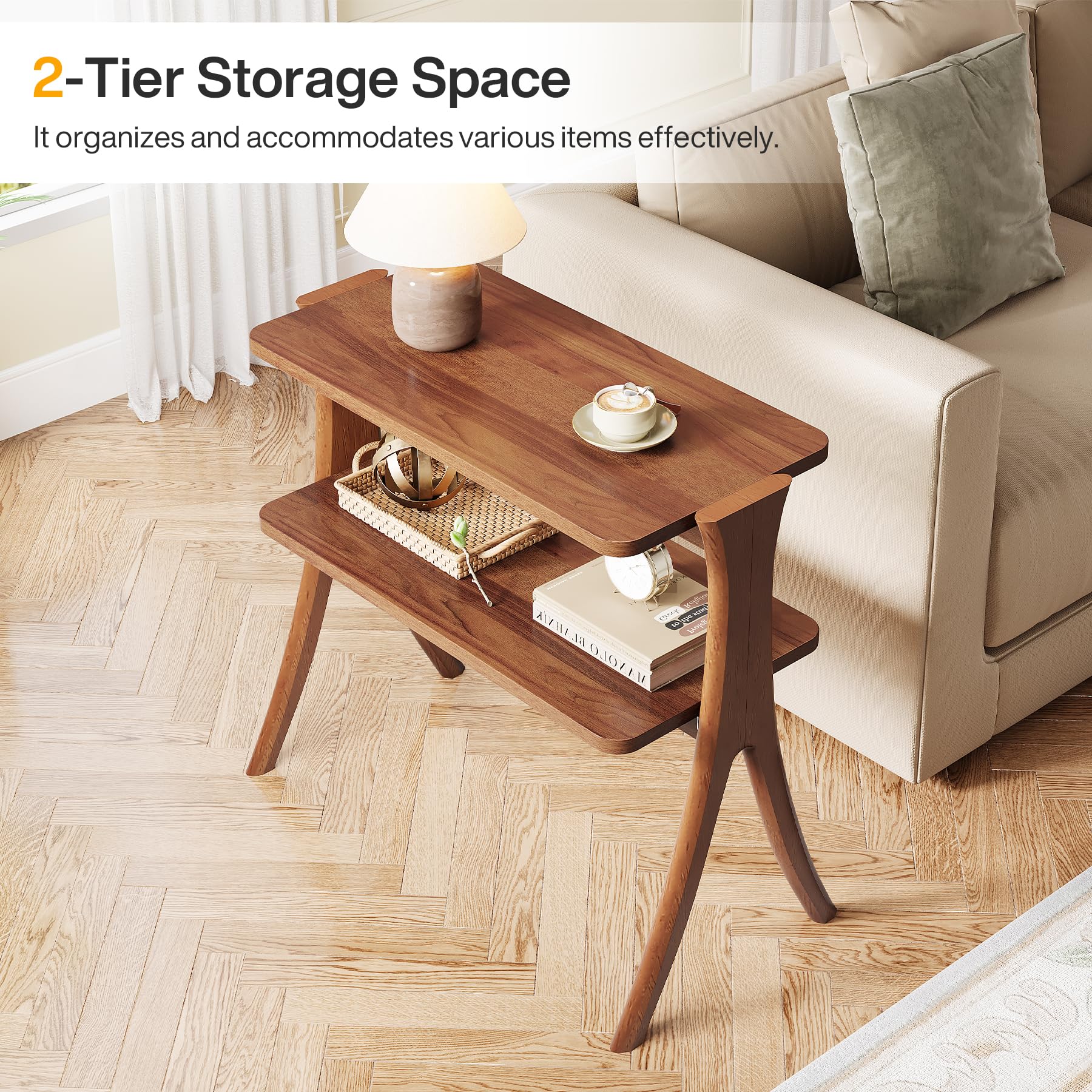 Tribesigns Narrow Side Table for Living Room, Farmhouse End Table with 2-Tier Storage Shelf and Solid Wood Legs, Slim Modern Bedside Table Nightstand for Bedroom, Small Spaces, Entryway, Walnut (2)