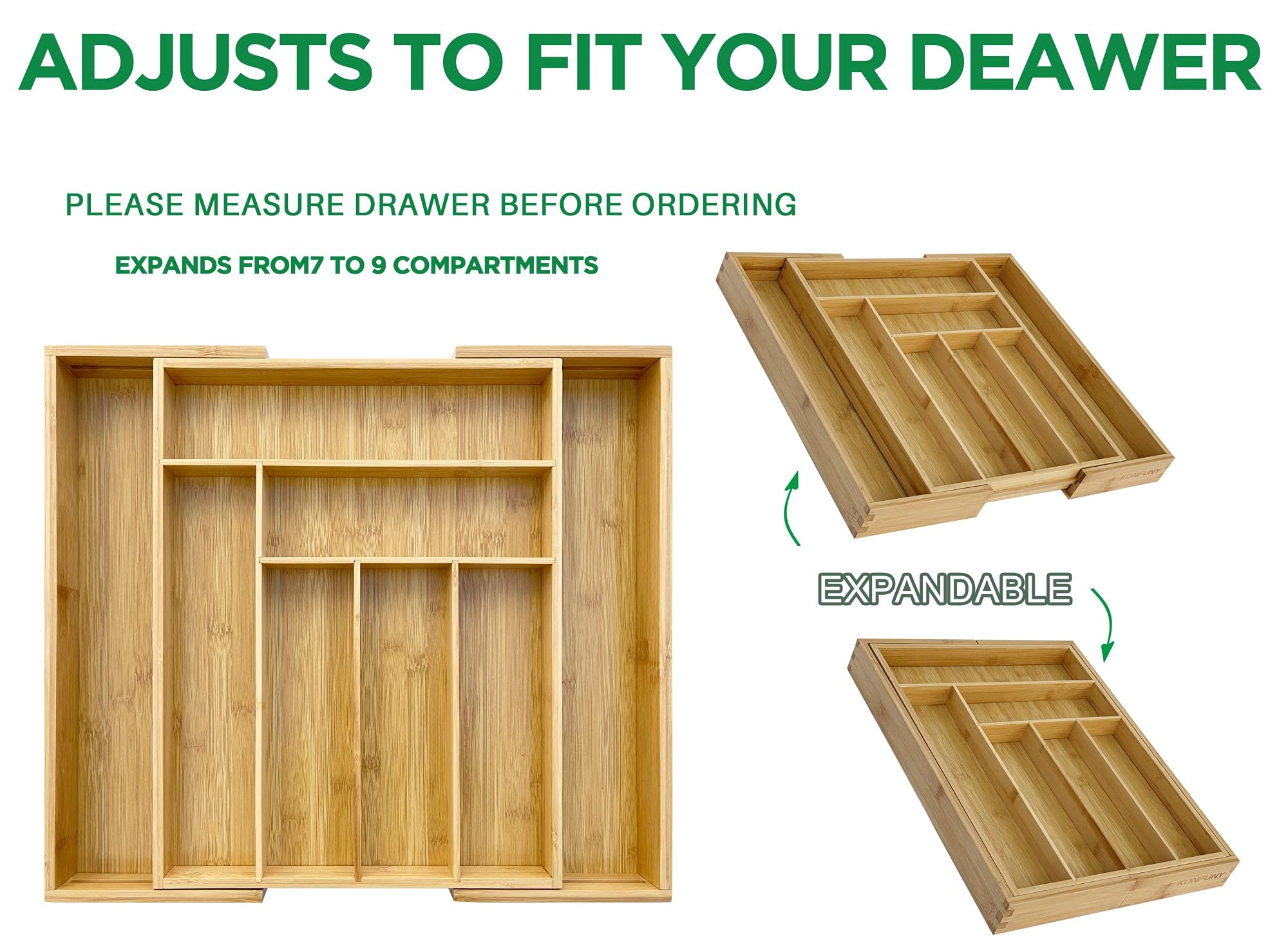 konfuny Bamboo Kitchen Drawer Organizer for Utensils Silverware Holder- Perfect Size Adjustable Cutlery Tray,Drawer Dividers for Flatware and Kitchen Utensils(6-8 Slots)