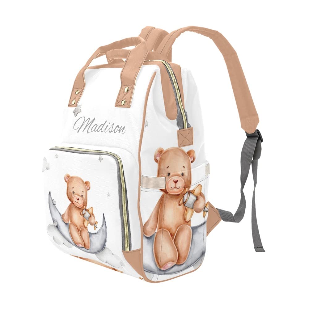 NZOOHY Teddy Bear Sits on Moon Personalized Name Diaper Bag Tote, Custom Waterproof Nursing Baby Bag Mummy Backpack for Mom Travel Outdoor 15'' X 10.83'' X 6.69''