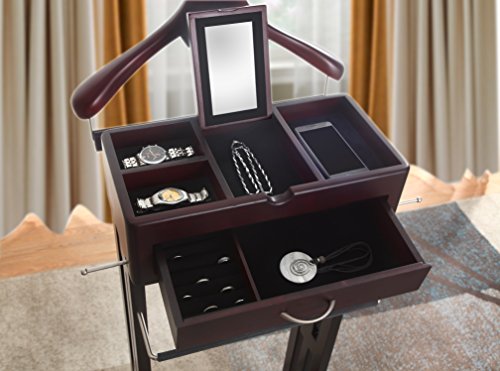 Proman Products Norstar Suit Valet Stand VL36245 with Detachable Hanger, Trouser Bar, Tie Bars, Mirror Tray & Drawer, 20βW x 15β D x 49βH, Mahogany