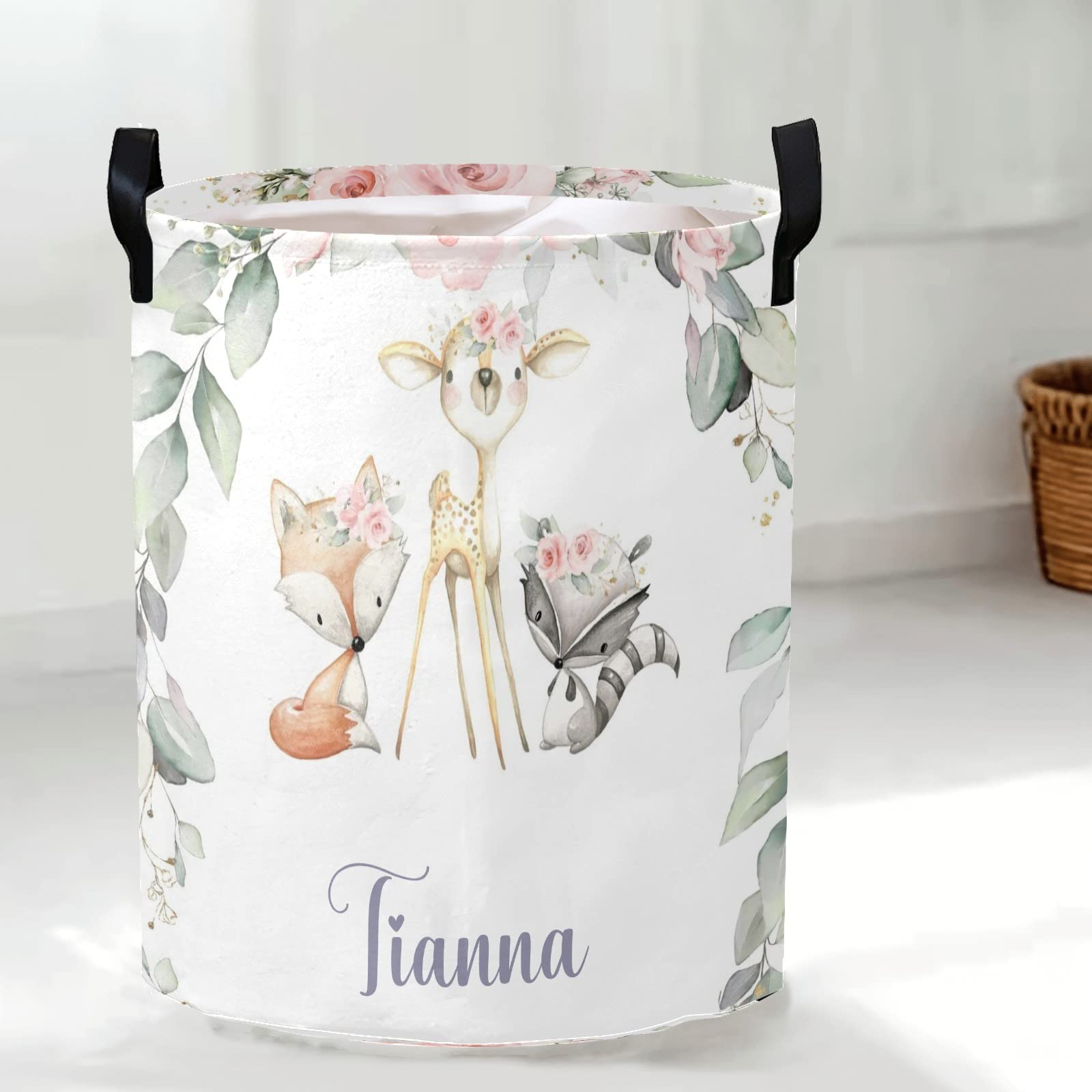 Personalized Custom Giraffe Fox Cute Lovely Collapsible Large Sized Clothes Hamper with Knitting Handles for Baby Girls Boys Kids Nursery Clothes Things