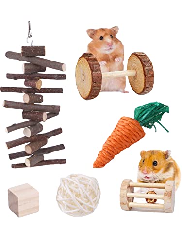 QWINEE 6pcs Hamster Chew Toy Set Wooden Small Animal Molar Toys Teeth Care Accessories Sport Exercise Toys for Rabbits Gerbils Rats Chinchillas and Other Small Pets Multicolor One Size