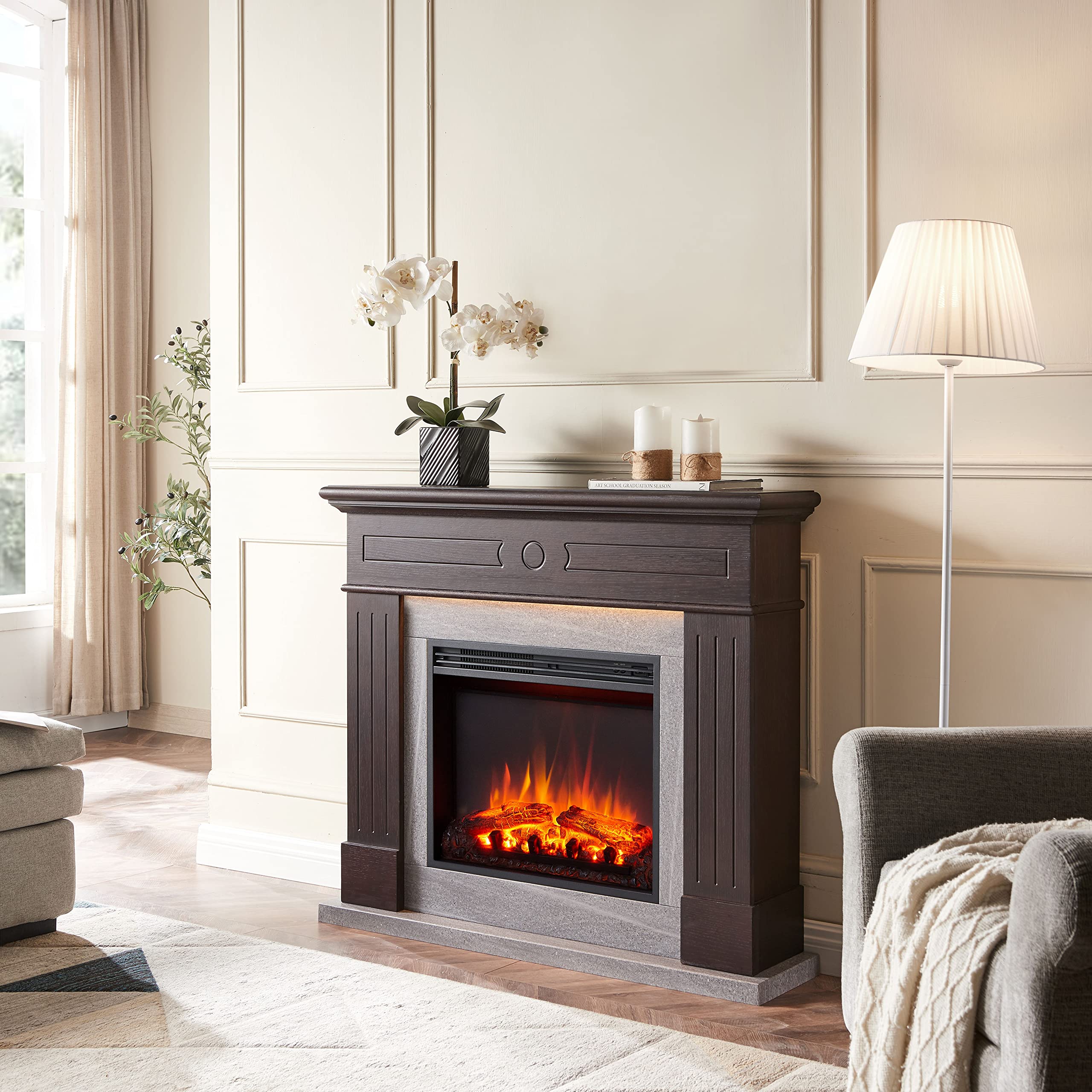 LegendFlame Fireplace Suite Alton, 43 Inch Mantel Surround, Cream White Finish, with 23 Inch Electric Fireplace Insert, 750W/1500W, Weekly Timer, Mood Light, Remote Control