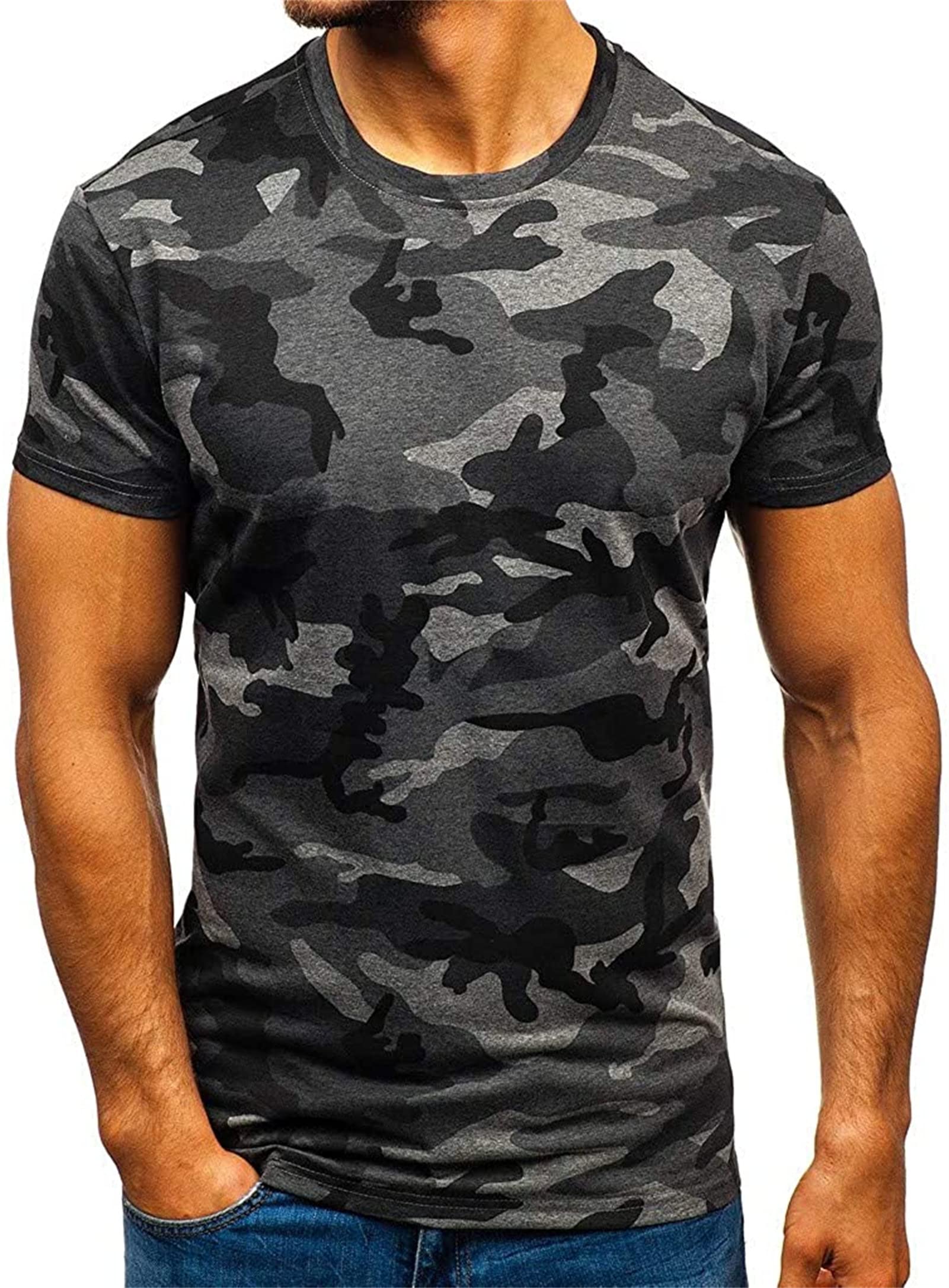 Men's Regular Fit Camo Crewneck T-Shirt Short Sleeve Camouflage Shirt Tops Slim Athletic Military Pullover Tees (Dark Grey,XX-Large)