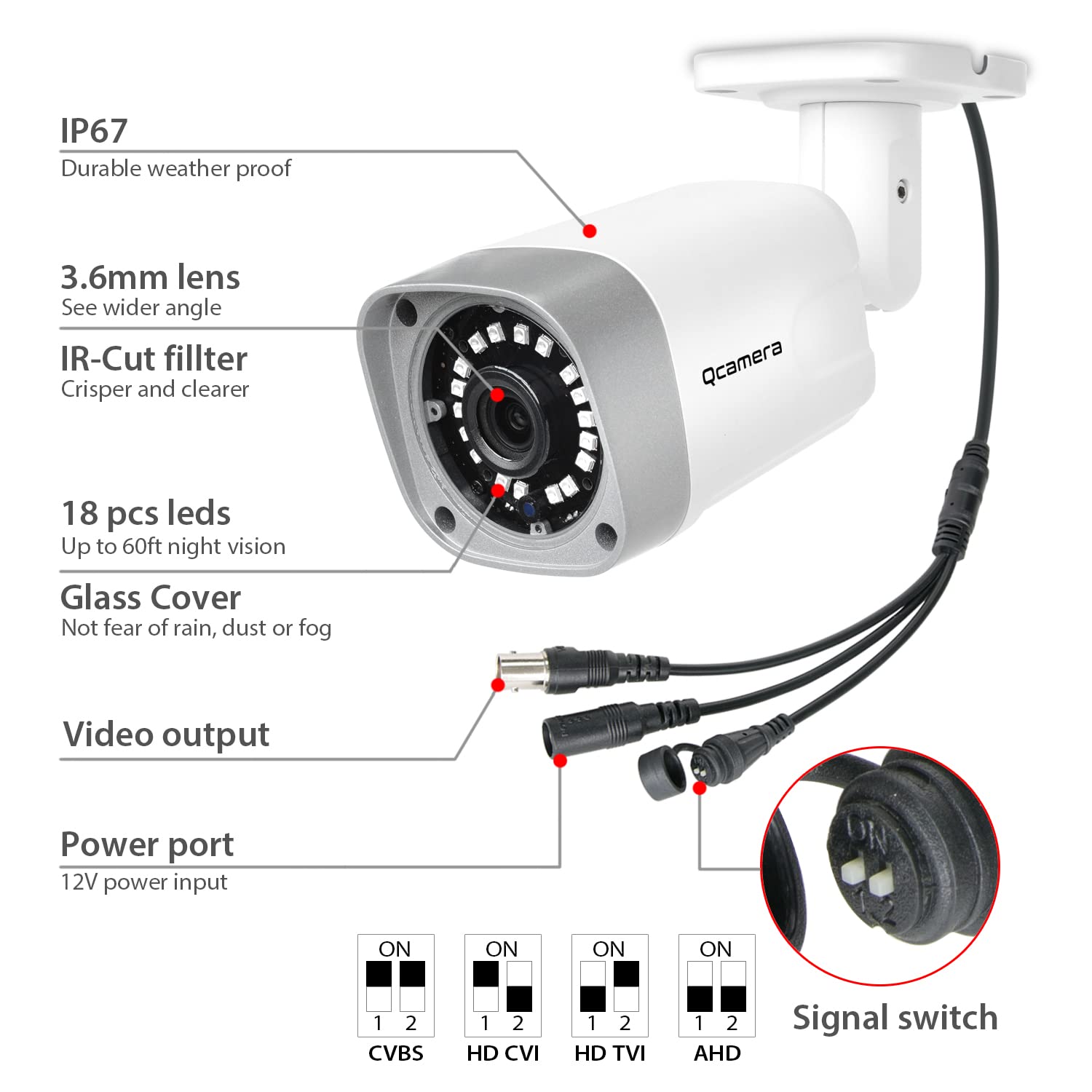 Q-camera 5MP Bullet 4-in-1 TVI/CVI/AHD/CVBS Analog Security Camera 1/2.5" Sensor 3.6mm Lens IR Cut 60ft 18Leds IR Night Vision Outdoor Indoor CCTV Surveillance Waterproof Camera
