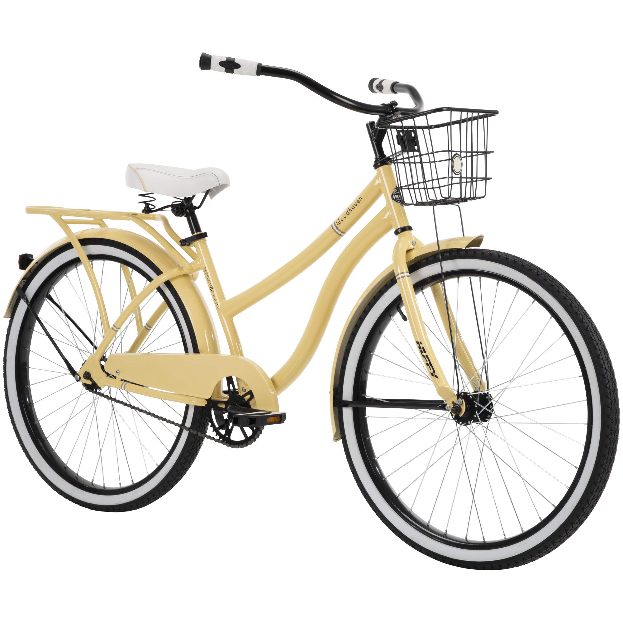 Huffy Woodhaven 24" Cruiser Bike, Gloss Coral Frame, Dual-Density Padded Seat, Chainguard Cover, Rear Rack, Front Basket, Easy Height Adjustment