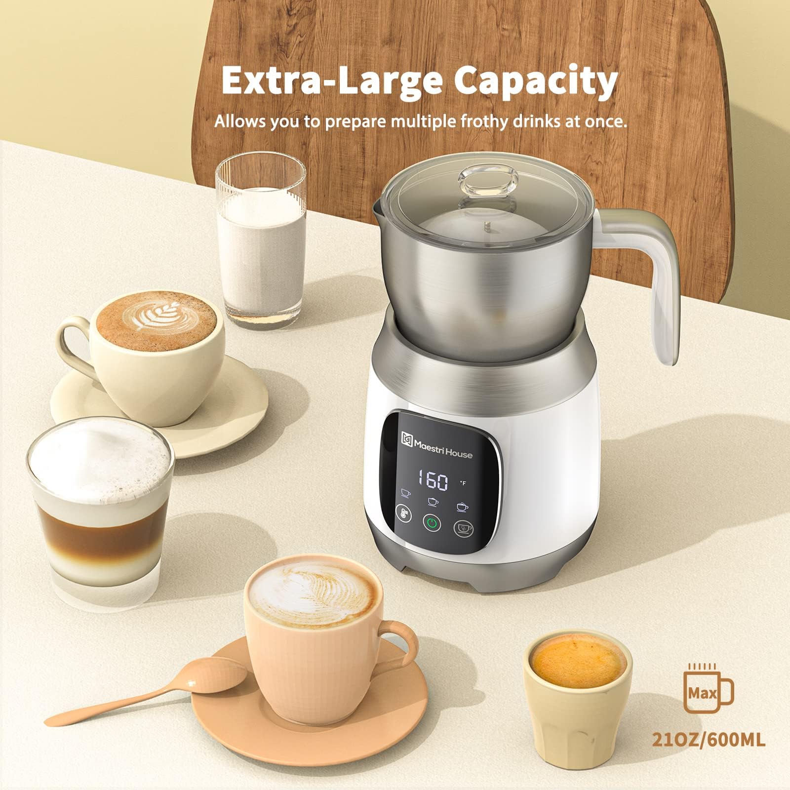 Maestri House Milk Frother, Variable Temp and Froth Thickness Frother and Steamer, 21OZ/600ML Smart Touch Control Milk Warmer, Dishwasher Safe, Memory Function for Latte Cappuccino, Hot Chocolate