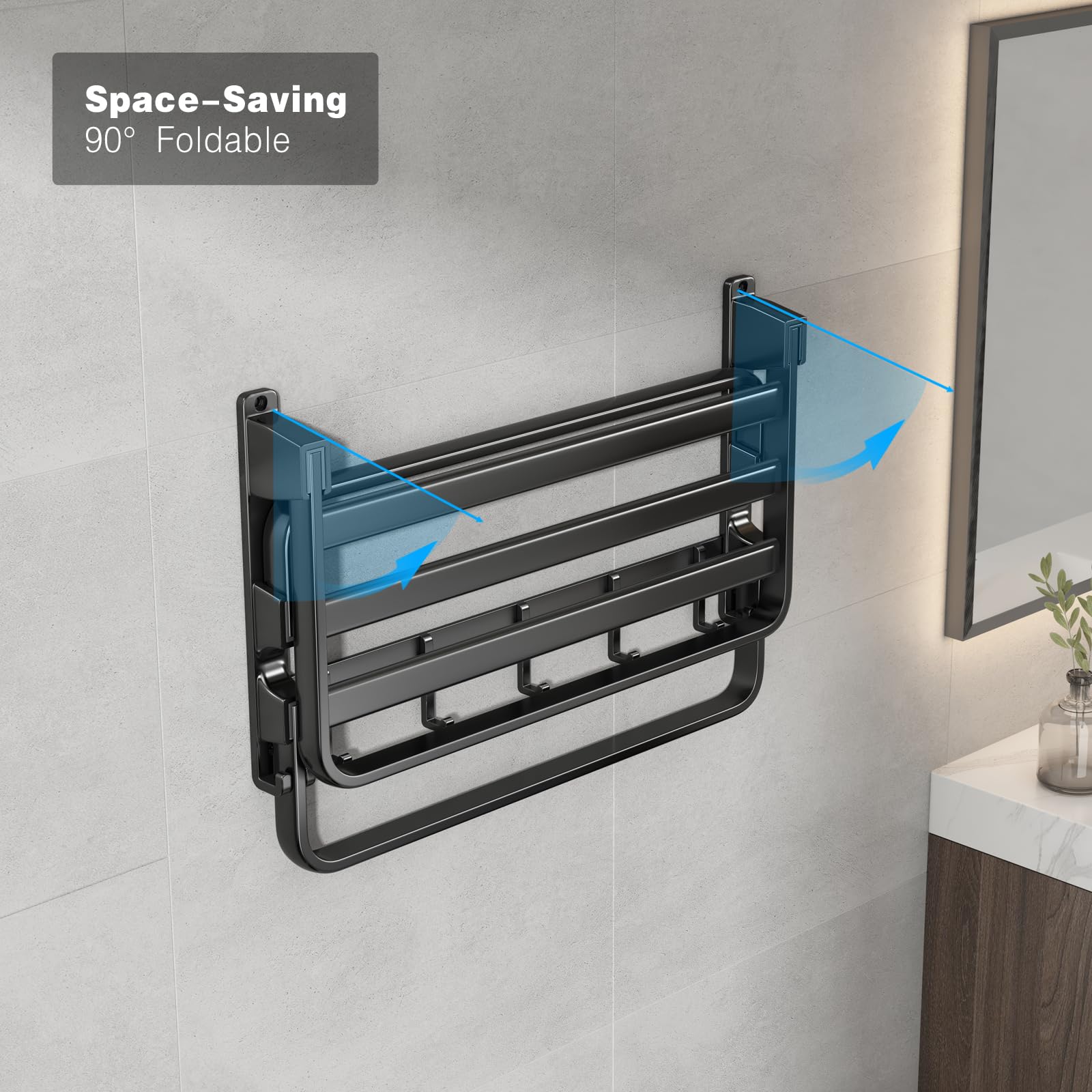 VOLDRA Towel Racks for Bathroom, 24-Inch Towel Shelf with Towel Bar Foldable Towel Holder with 7 Hooks Towel Storage Organizer for Bathroom & Lavatory Wall Mounted(Matte Black)