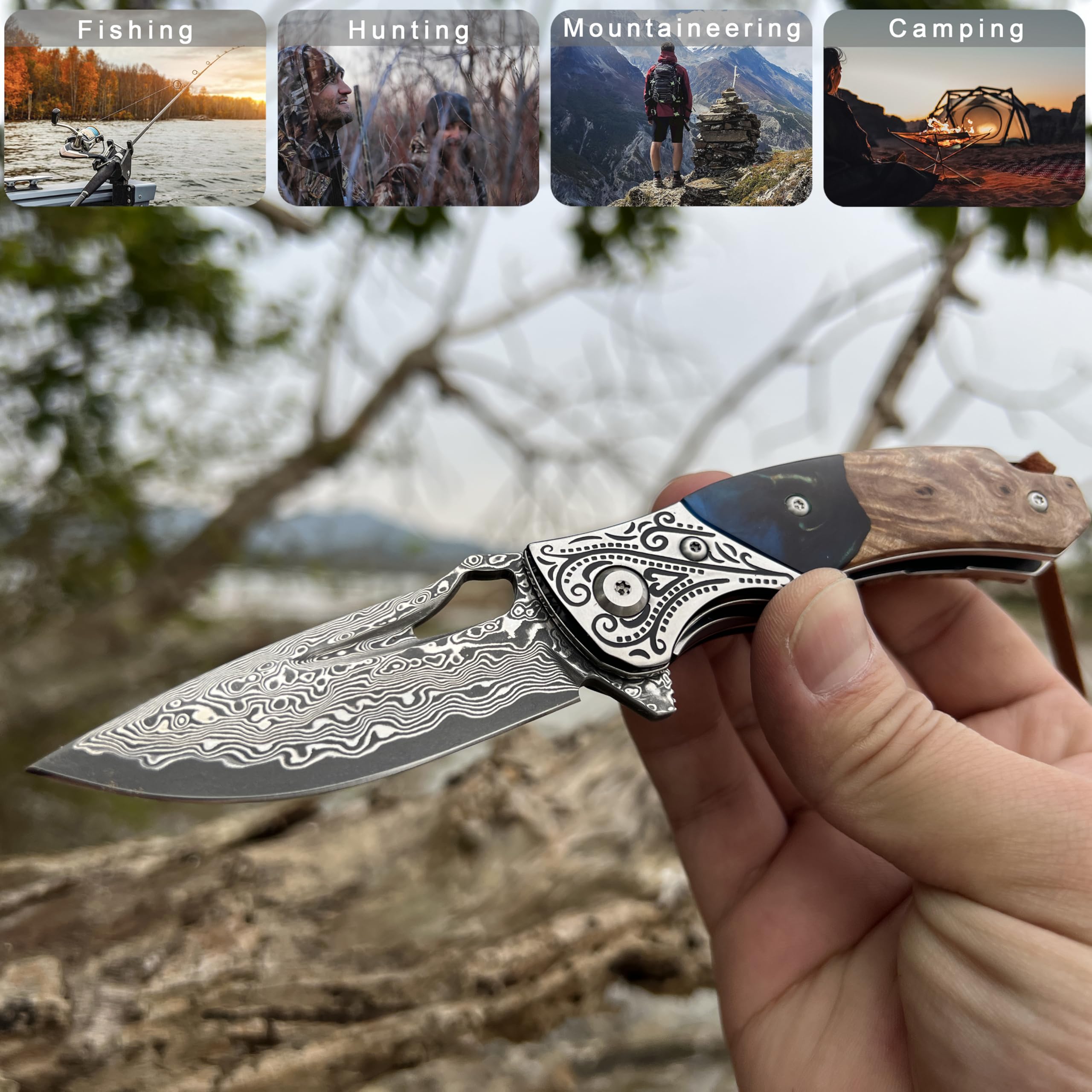 VNLA Damascus Folding Pocket Knife,Forged Damascus Steel Blade,New material handle made of resin and maple leaf.with leather case,Pocket Clip,Suitable for Hiking carry EDC