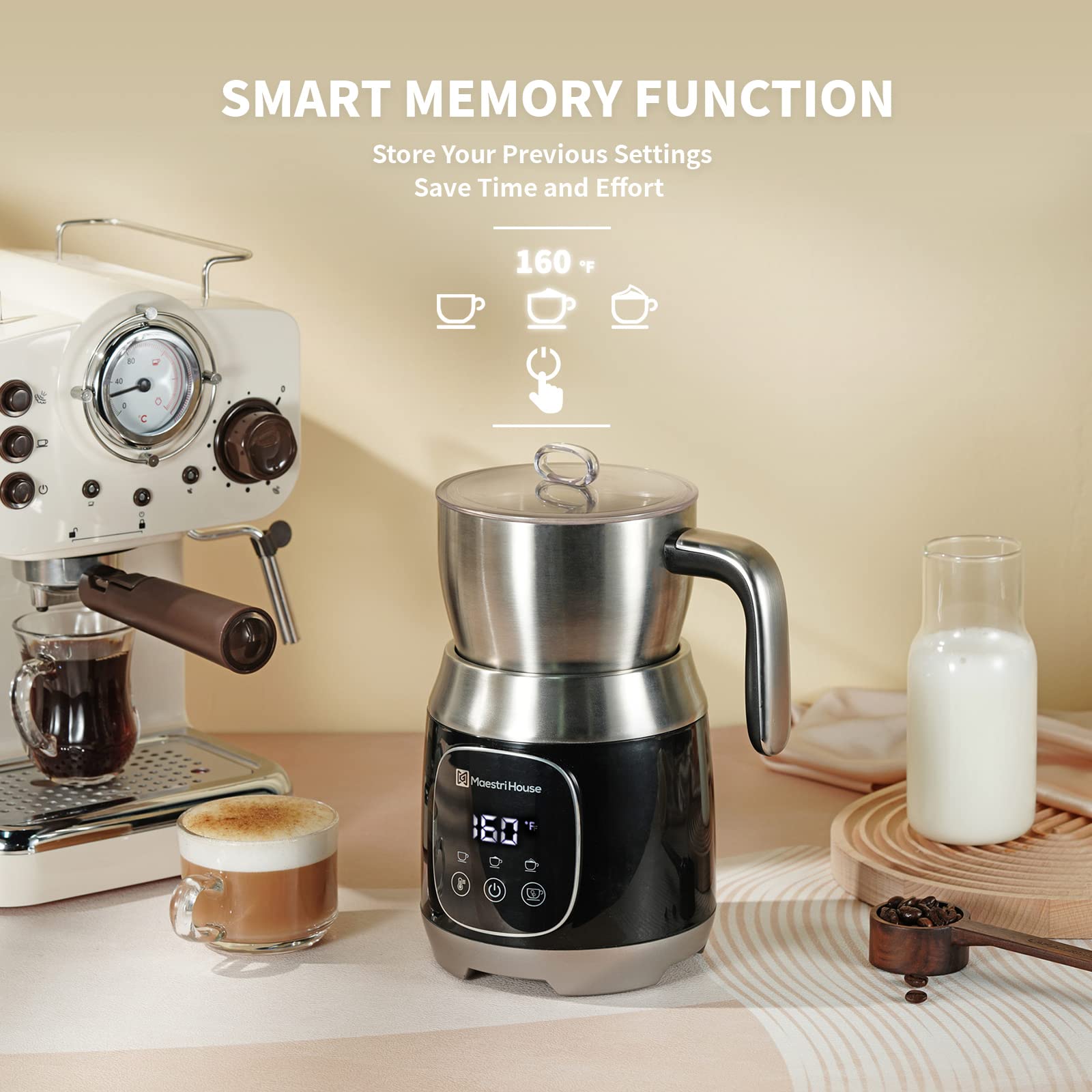 Maestri House Milk Frother, 21OZ Variable Temp and Froth Thickness Milk Frother and Steamer, Smart Touch Control Milk Warmer, Dishwasher Safe, Memory Function for Latte Cappuccino Hot Chocolate