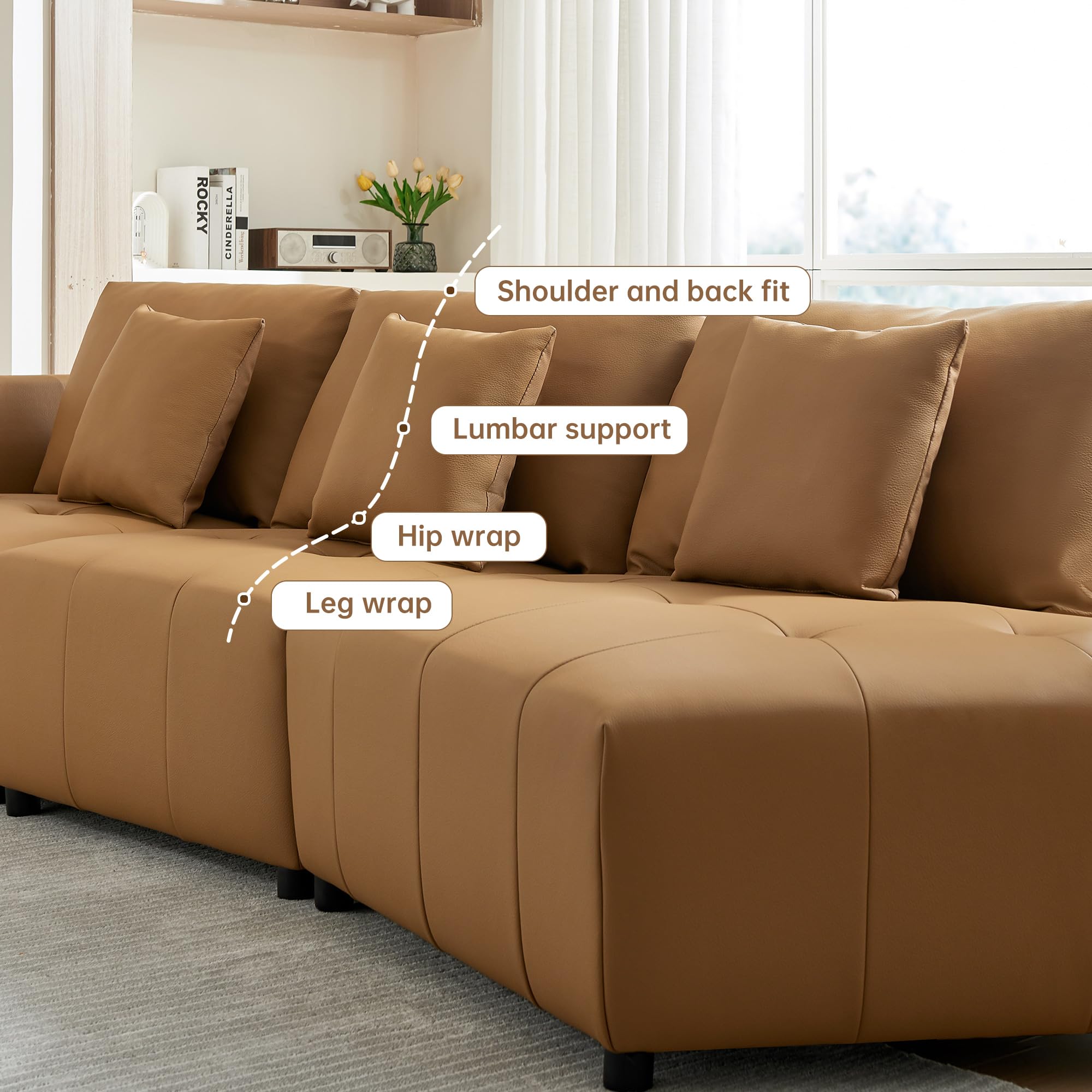 VnndeNest 120'' Sectional Sofa Couch, Genuine Leather Modular Sofa with Pillows, Ergonomic Modern Curved Couch, L-Shaped Couch with Chaise Lounge, 4-Seater Sofa Couch for Living Room, Apartment, Brown