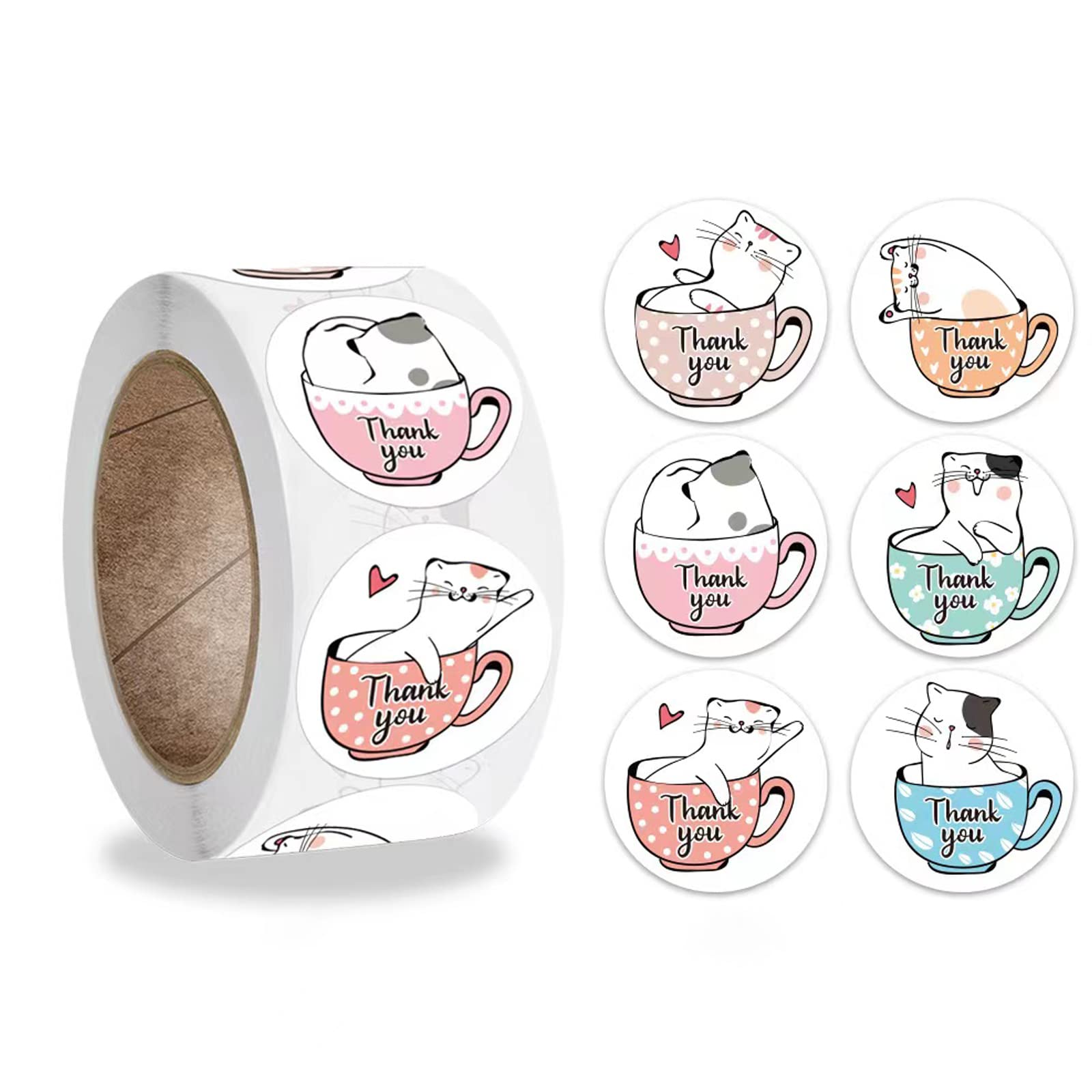 Seaokais Thank You Stickers, 1.5'',Round,Cute Cat Cartoon,500pcs per Roll (2 Rolls)