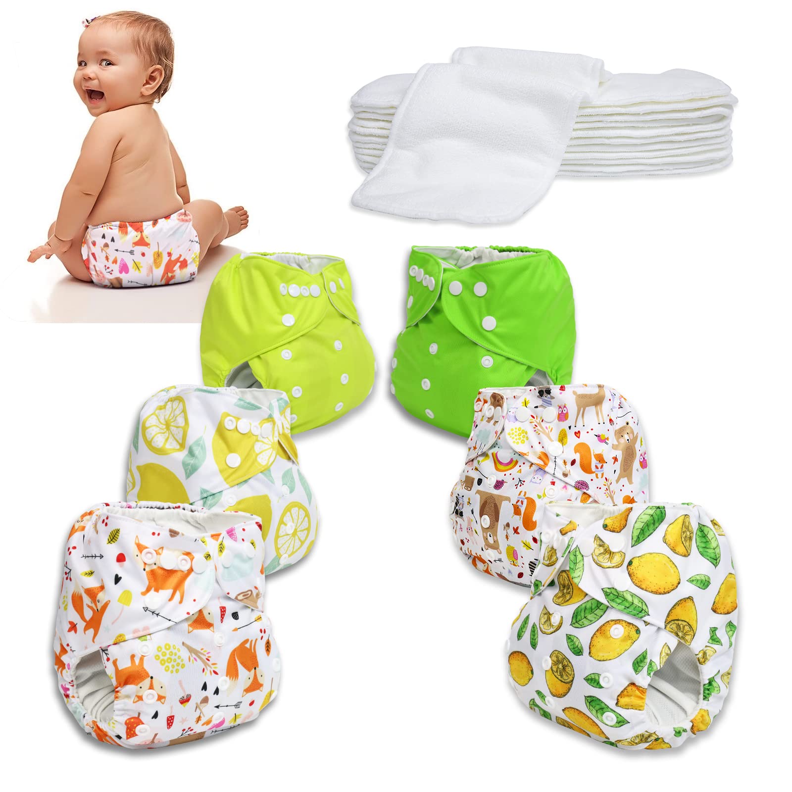 OOPIEZ Reusable Cloth Pocket Diapers for Babies Toddlers One Size Adjustable Washable Newborn Cloth Diaper Covers 6 Pack with 12 Microfiber Inserts for Baby Boy and Girl