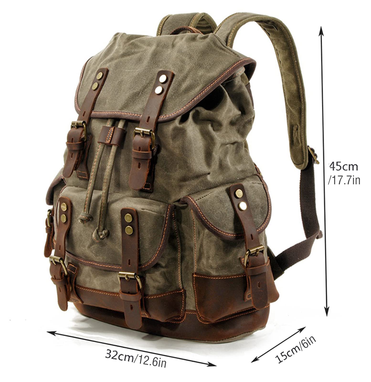 liuwei Vintage Travel Backpack for Men, Genuine Leather-Waxed Canvas Hiking Rucksack,Large capacity Waterproof Daypacks,Gray